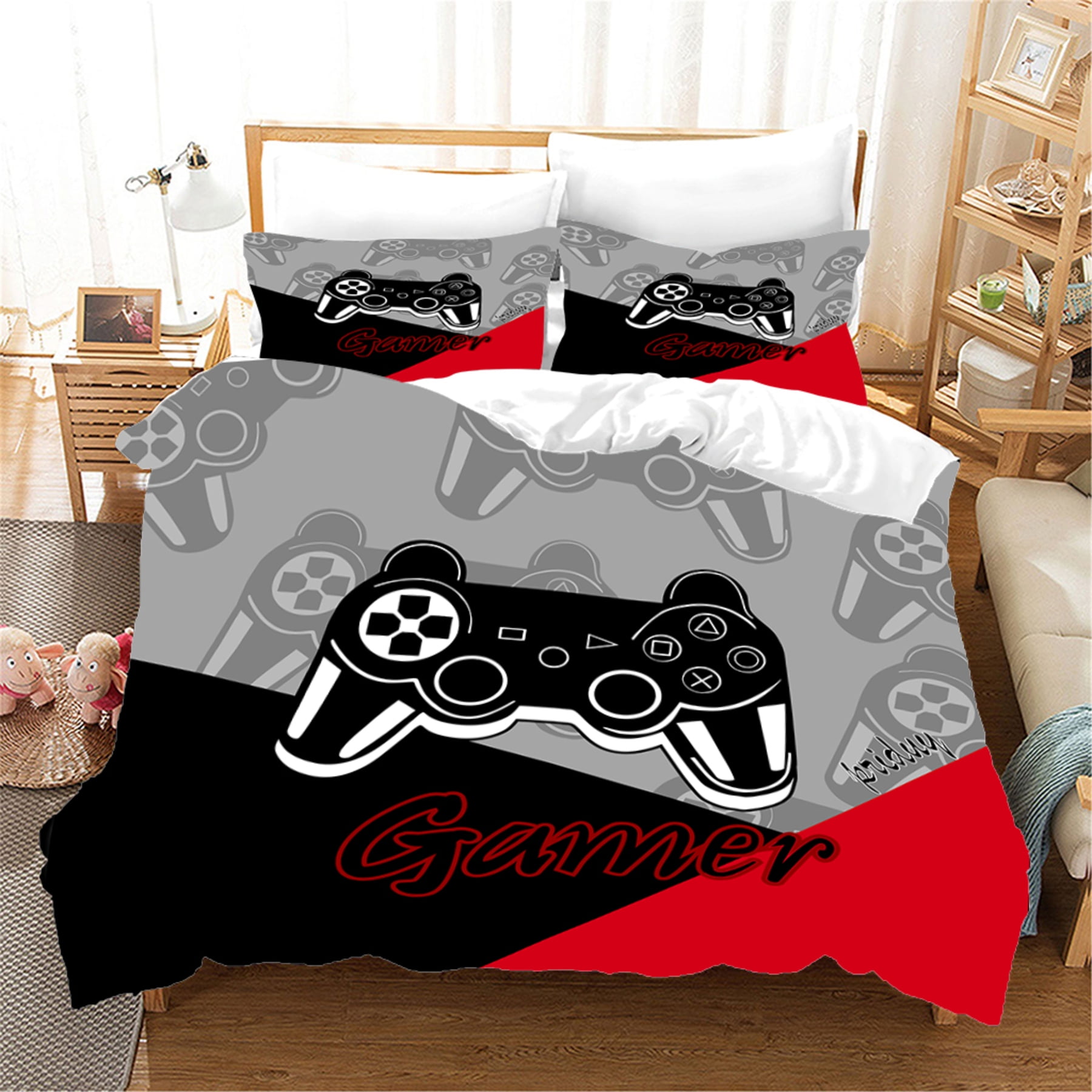 3-Piece Gamer Duvet Cover Set - Bold Controller Design in Black White ...