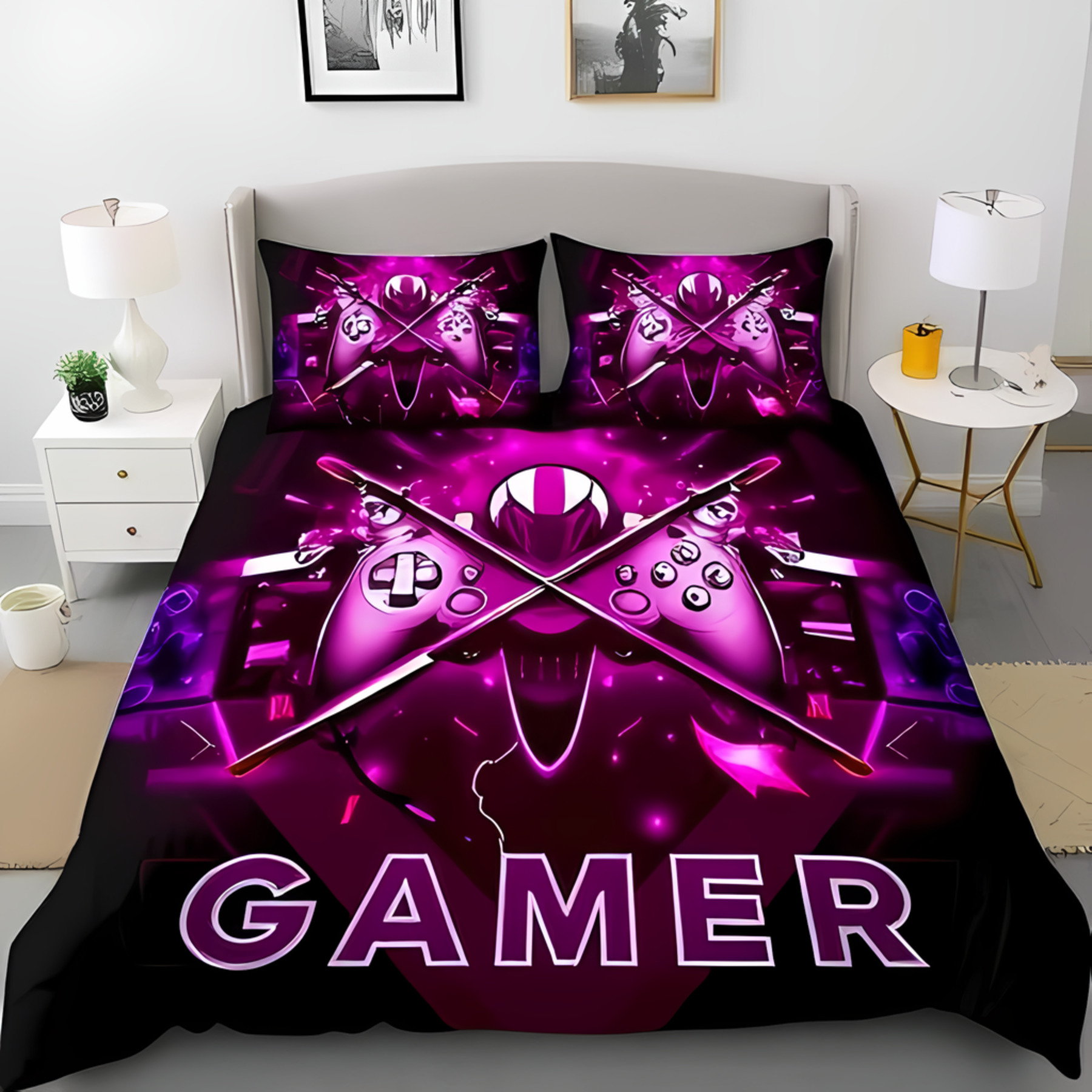 3-Piece Gamer Duvet Cover Set - Bold Purple & Black Design with ...