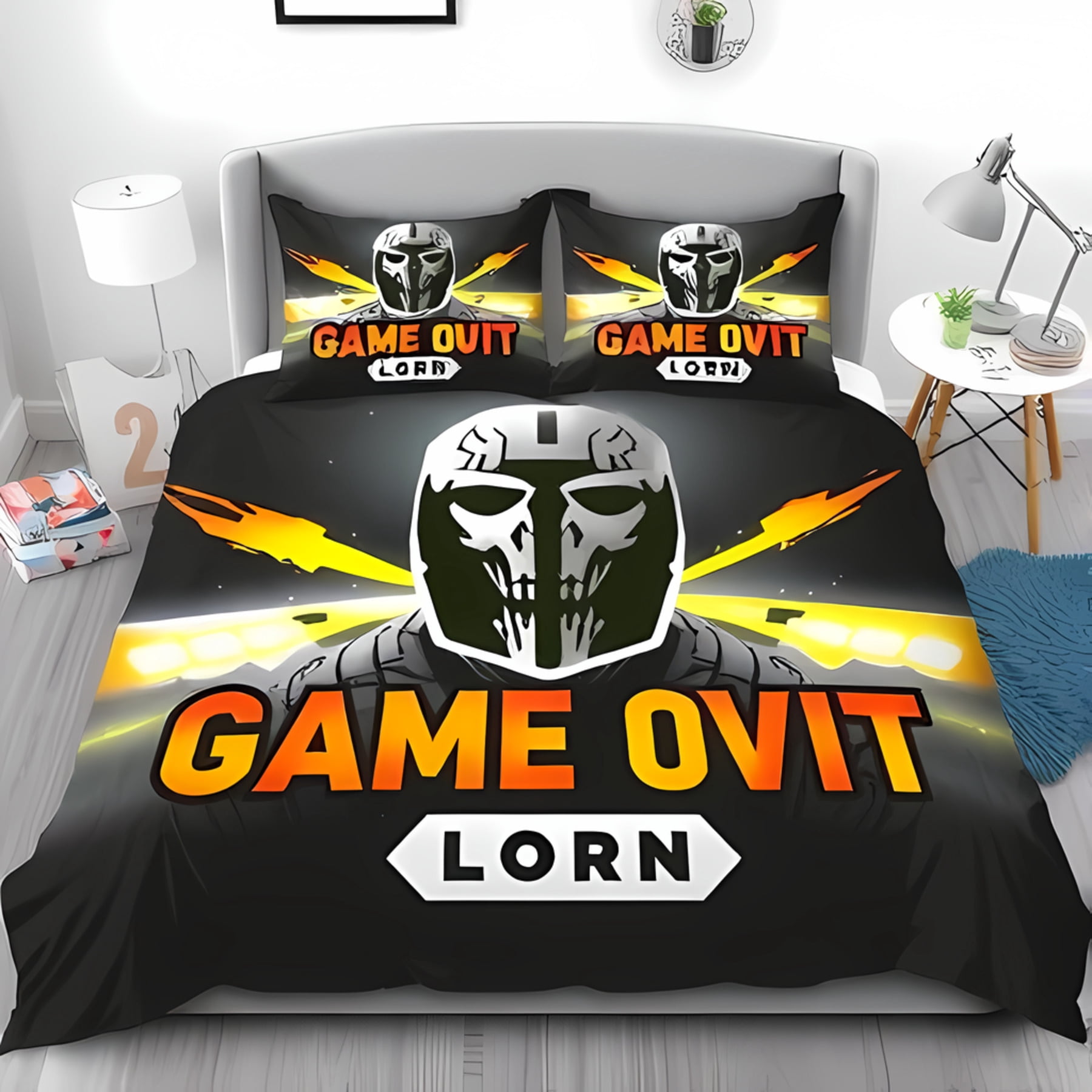 3-Piece Gaming Duvet Cover Set - Black with Mask & "GAME OVIT" Design ...