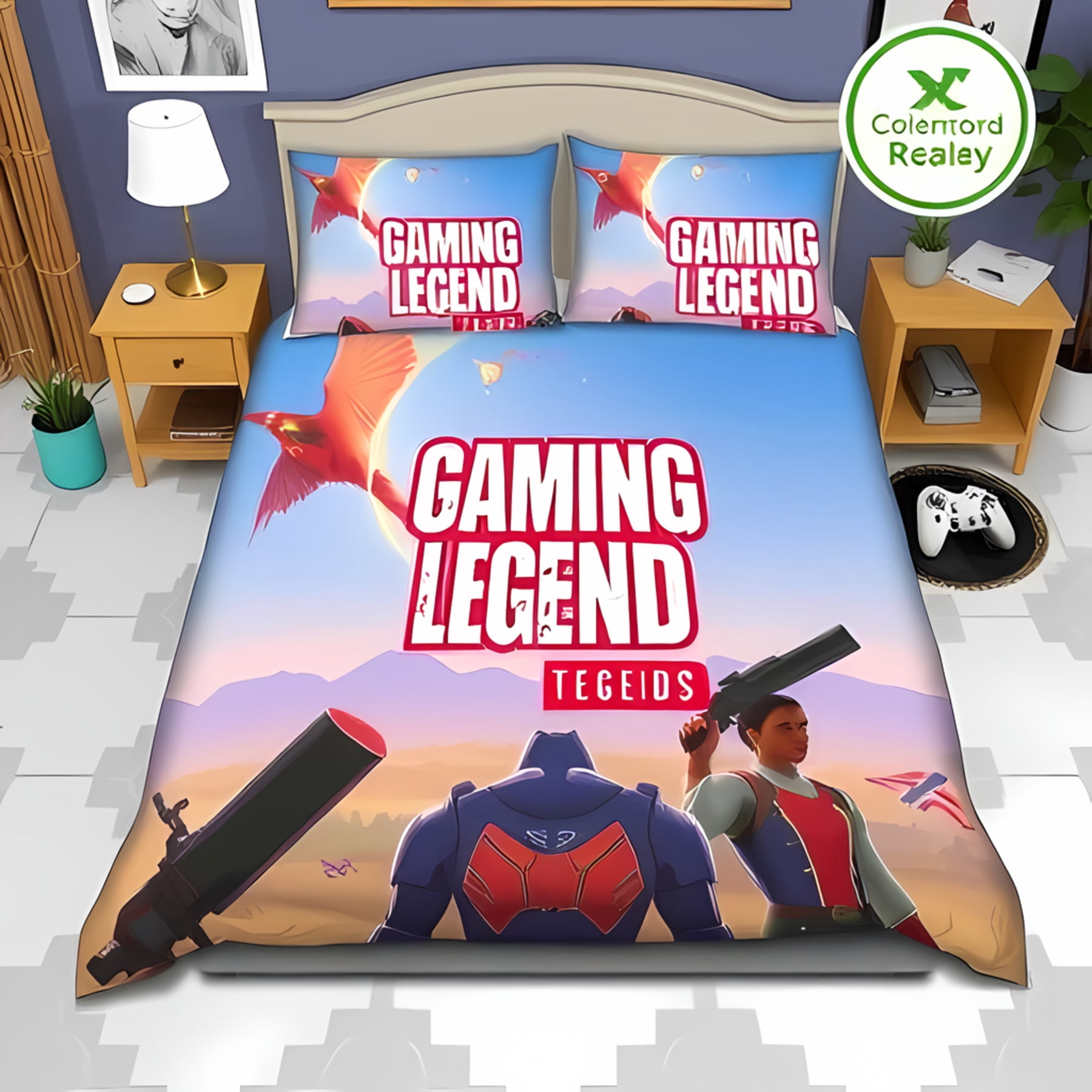3-Piece Gaming Duvet Cover Set - Bold Graphics with Characters & Sunset ...