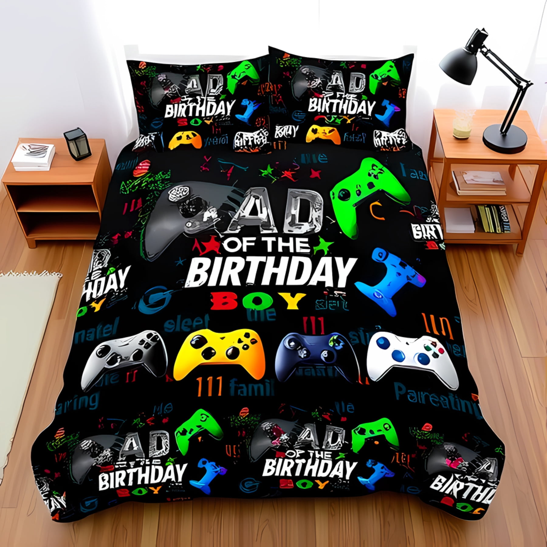 3-Piece Gaming Duvet Cover Set - Colorful Controllers & 'Birthday Boy ...