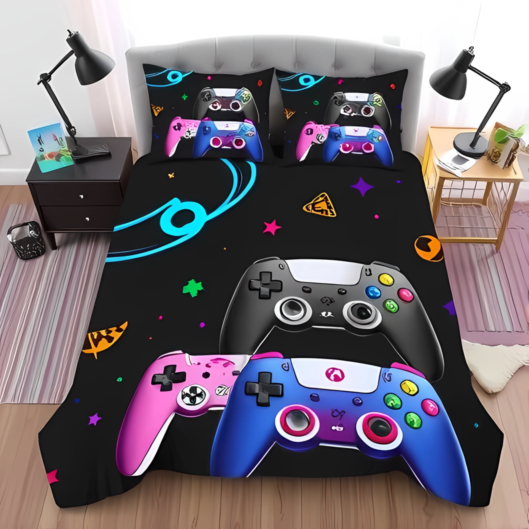 3-Piece Gaming Duvet Cover Set - Colorful Controllers & Space Design ...