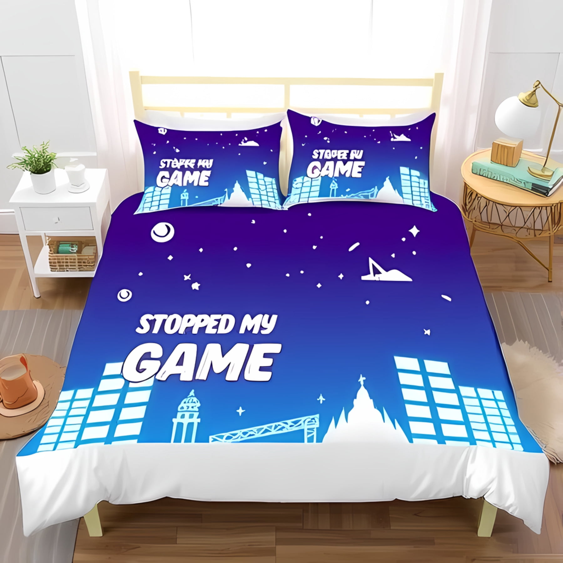 3-Piece Gaming Duvet Cover Set - Vibrant Gradient Blue with City ...