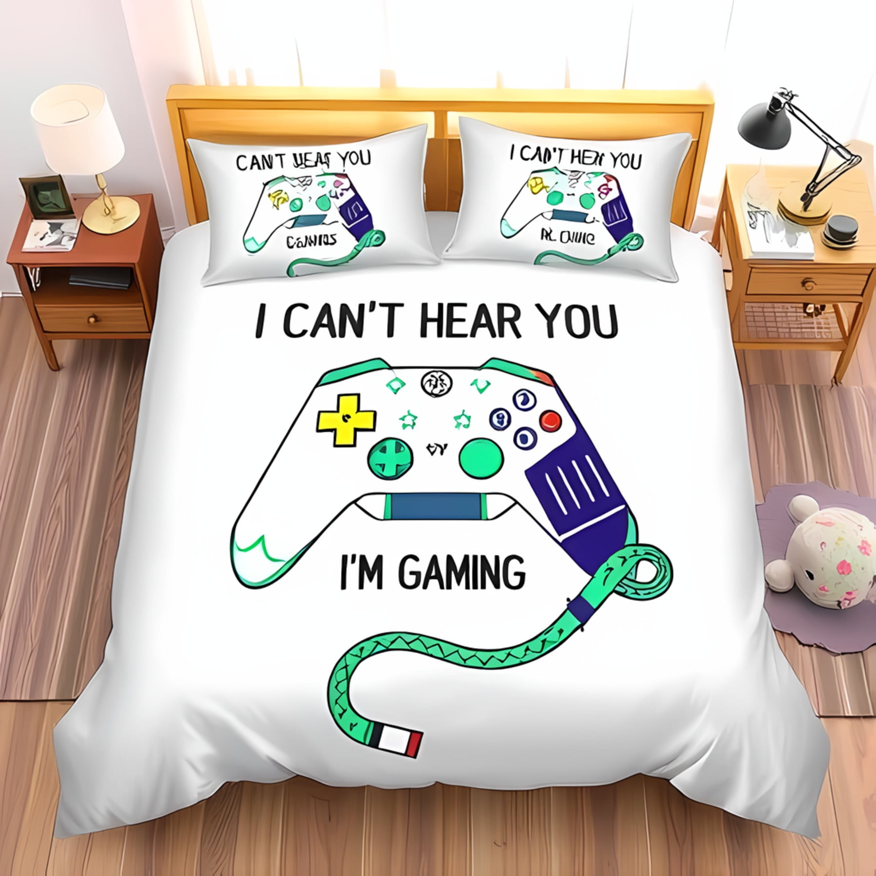 3-Piece Gaming Duvet Cover Set - White with Colorful Game Controller ...