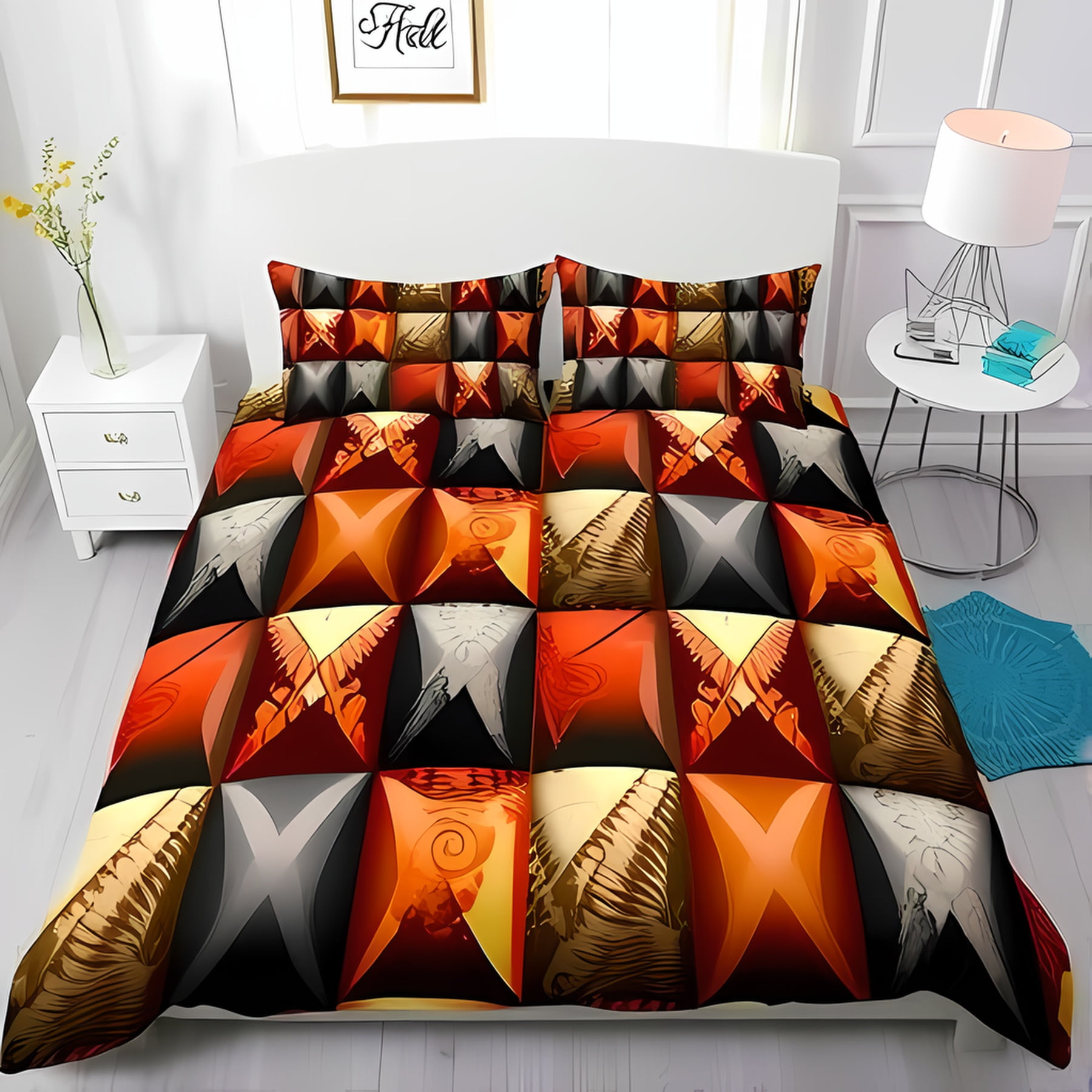 3-Piece Geometric Duvet Cover & Pillowcase Set in Burnt Orange Black ...