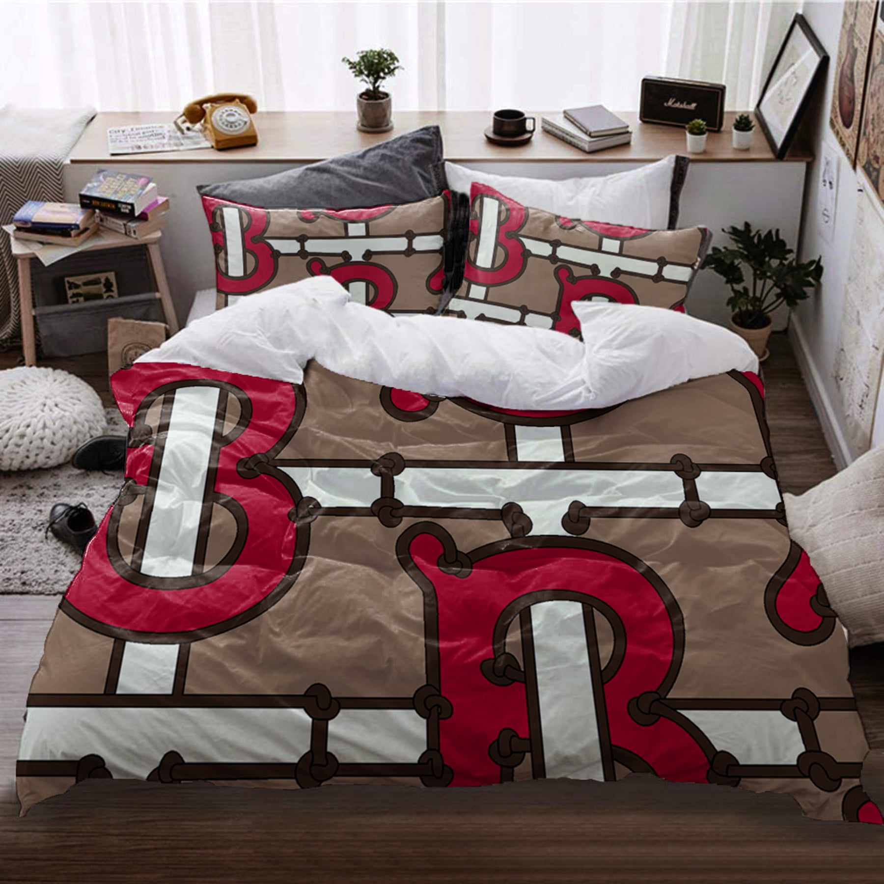 3-Piece Geometric Duvet Cover Set with Bold Crimson 'B' Design - Modern ...