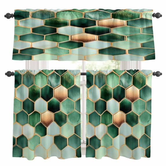 3 Piece Geometric Pattern Kitchen Curtain Valance and Tiers Set Green ...