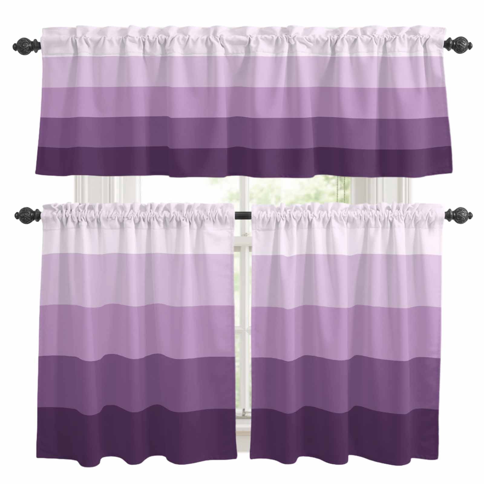 3 Piece Geometric Stripes Kitchen Curtain Valance and Tiers Set ...