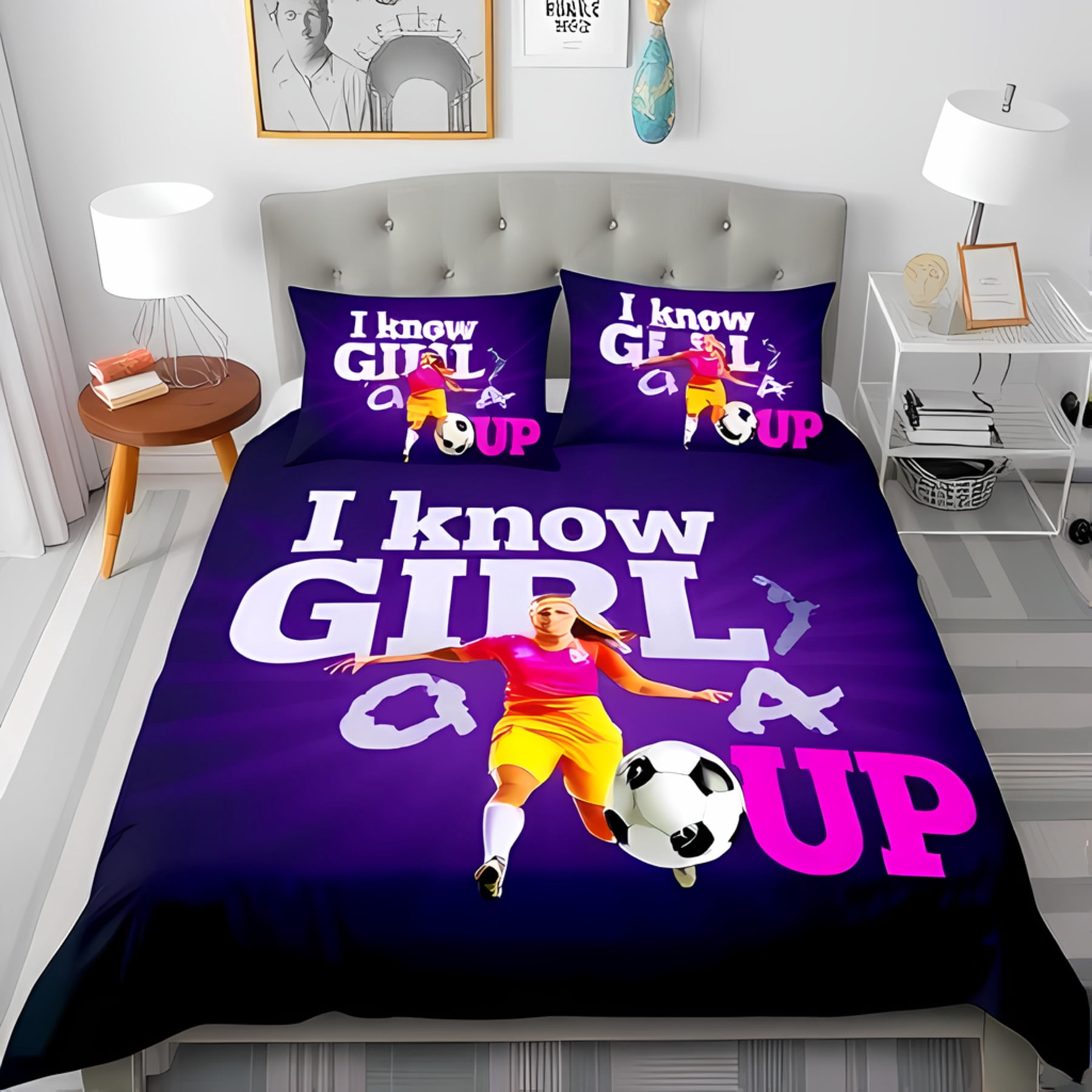 3-Piece Girl Power Soccer Duvet Cover Set - Bold Purple Design with ...