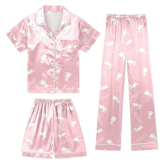 3 Piece Girls Silk Pajamas Set Satin Pjs Button Down Tops Shorts and Pants Sets Sleepwear Bunny ...
