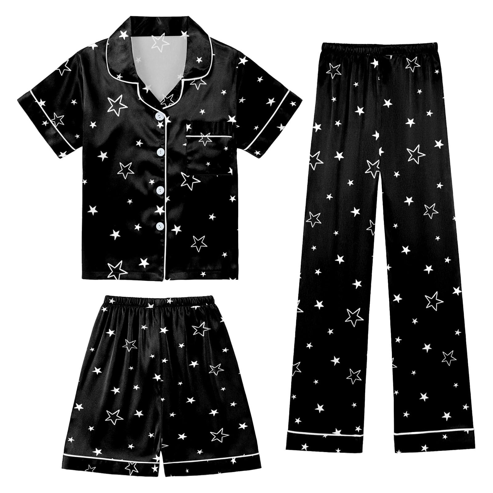 3 Piece Girls Silk Pajamas Set Satin Pjs Button Down Tops Shorts and Pants Sets Sleepwear Print ...