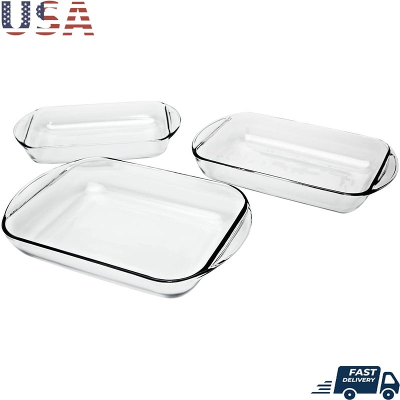 3 Piece Glass Baking Dish Set Tempered Oven Safe Bakeware Casserole ...