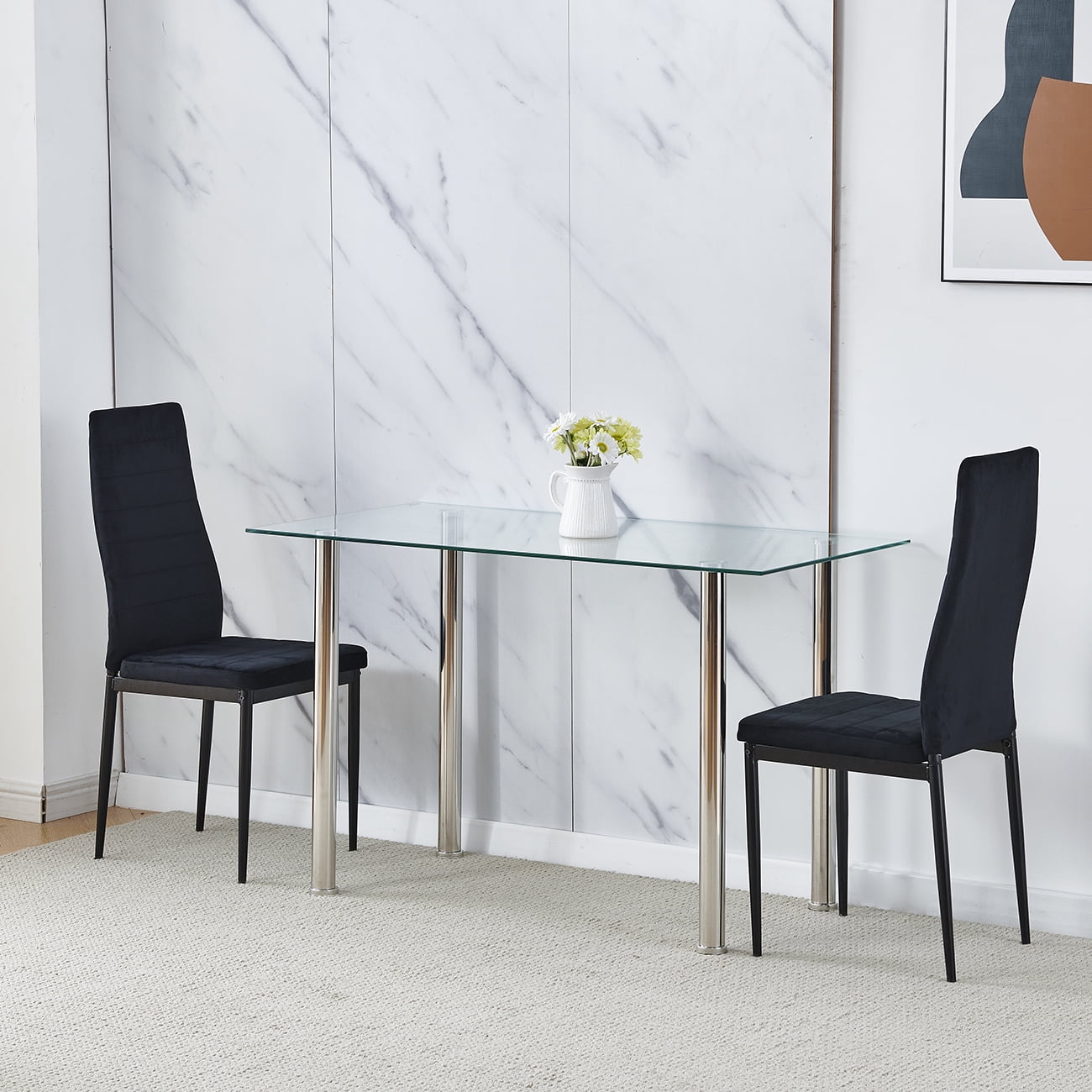 3-Piece Glass Dining Set,Square Dining Table Set with Metal Frame ...