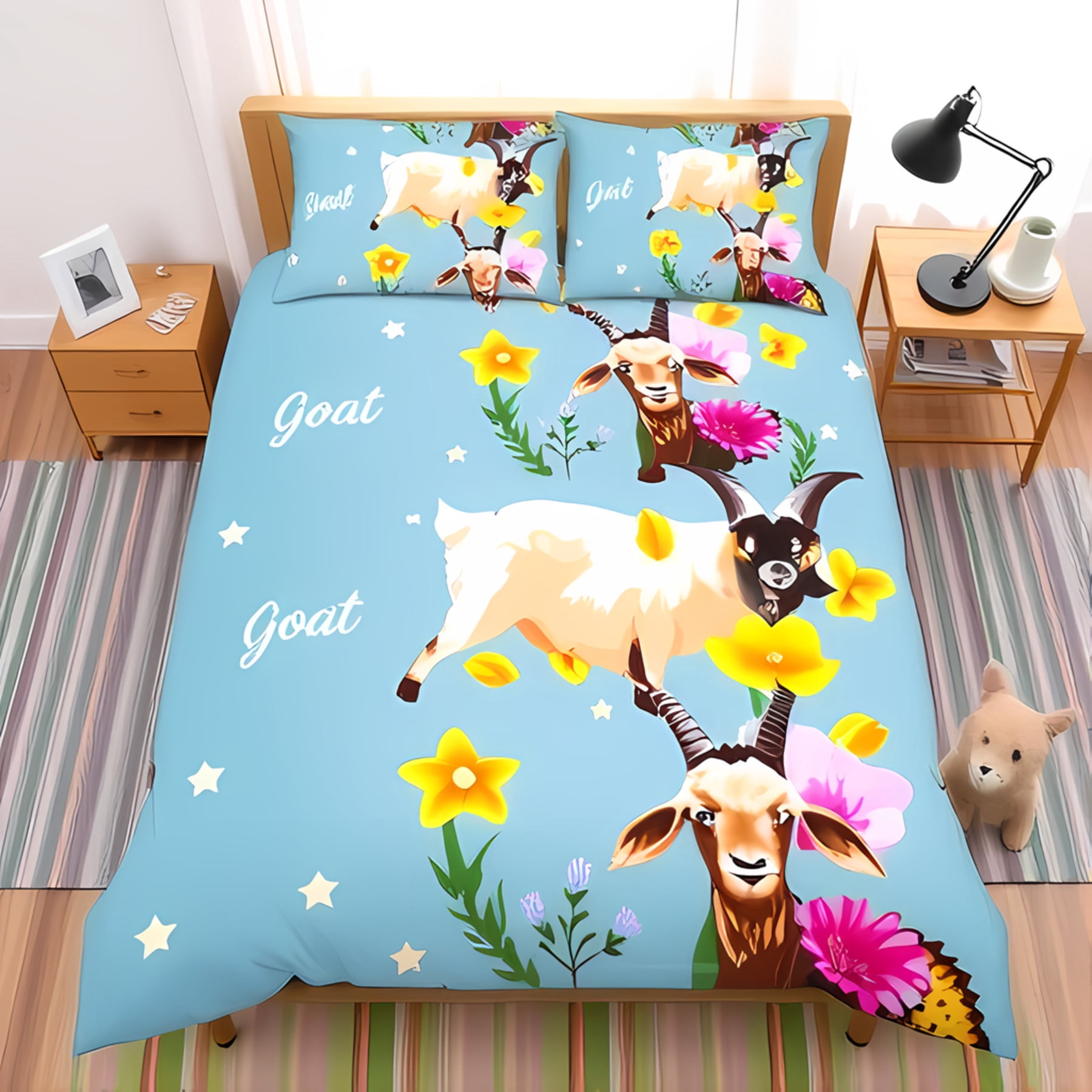 3-Piece Goat Floral Duvet Cover Set - Blue Bedding with White 'Goat ...