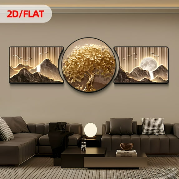 3-Piece Gold Fortune Tree Wall Art Set, Abstract Vertical Metal ...