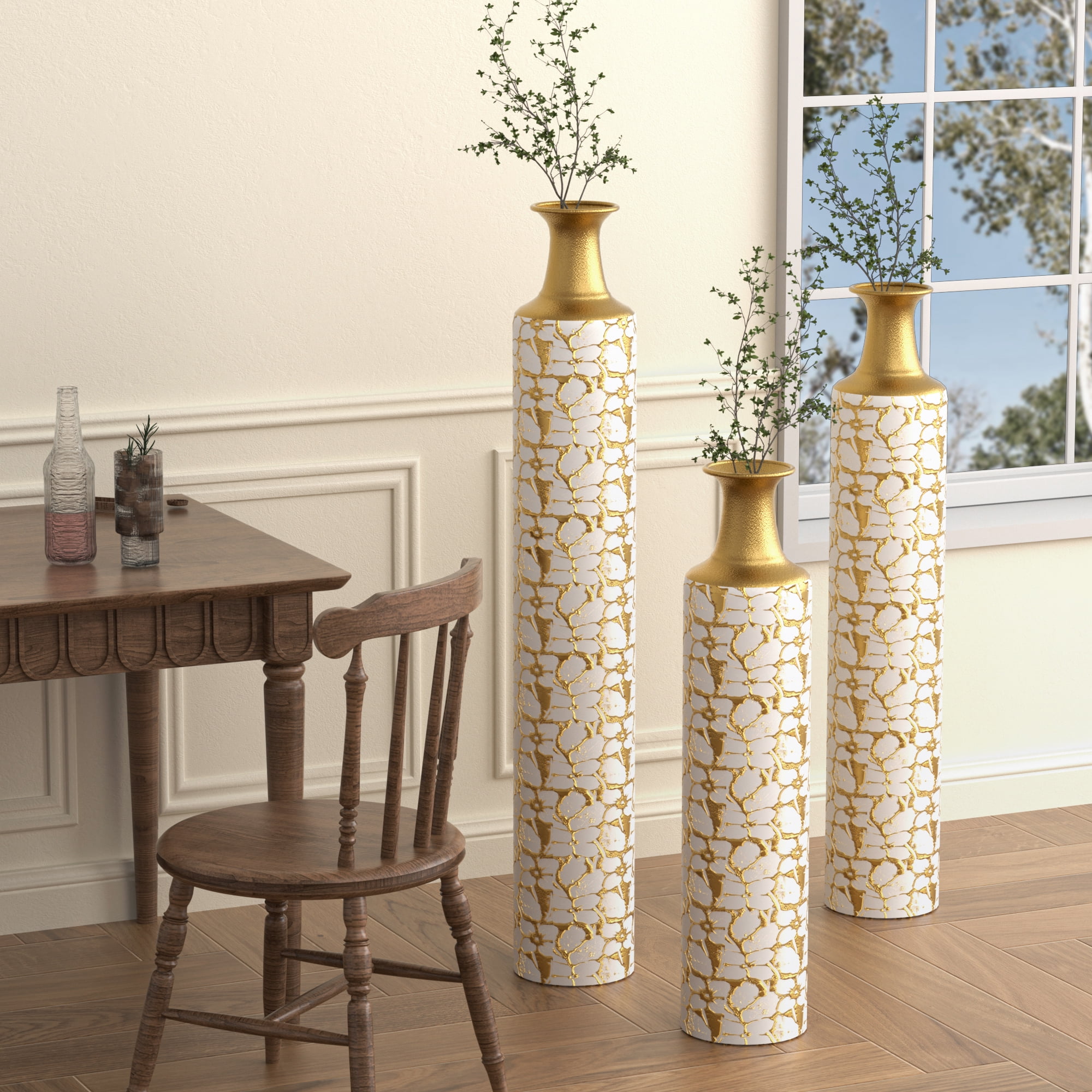 3-Piece Gold Large Vases with Distressed Gold Finish and Vine Patterns ...