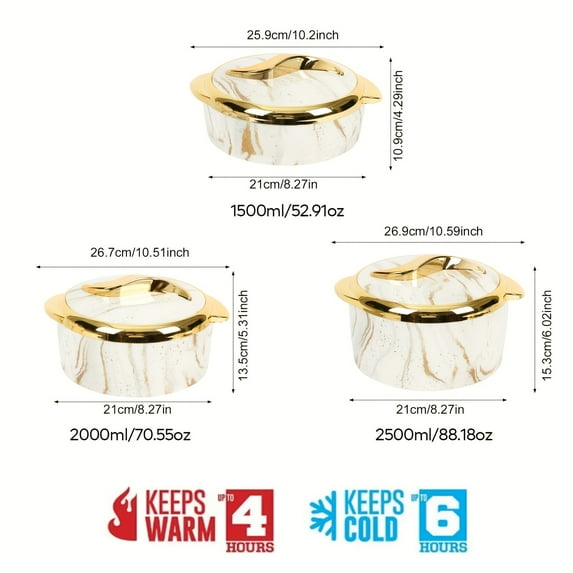3-Piece Golden Touch Food Warmer Set, White & Gold Marble Design ...