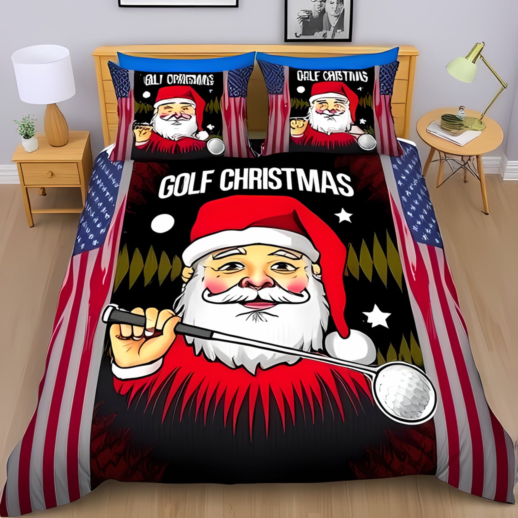 3-Piece Golf Christmas Duvet Cover Set - Whimsical Santa Golf Design ...