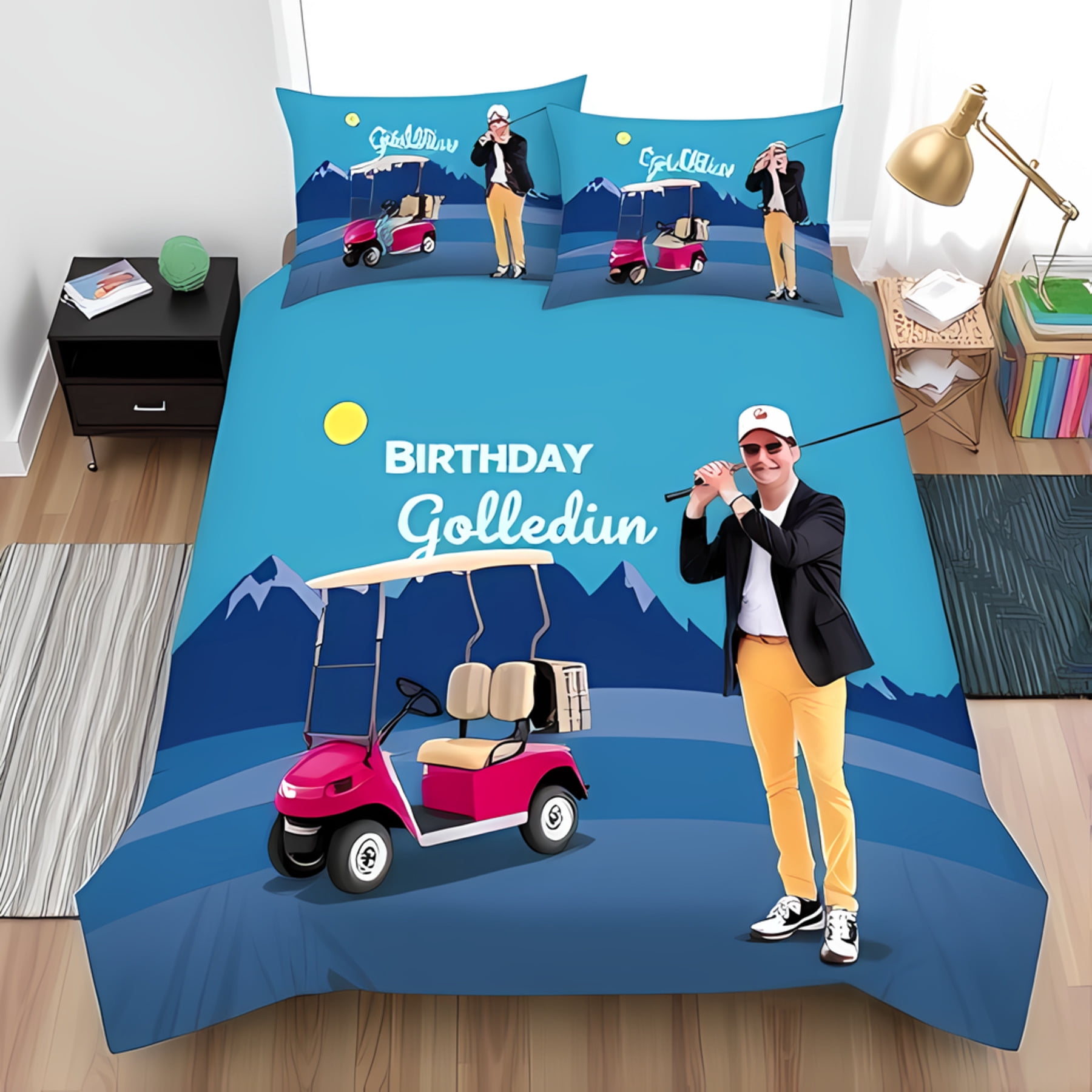 3-Piece Golf Themed Duvet Cover Set - Bright Blue with Stylized ...