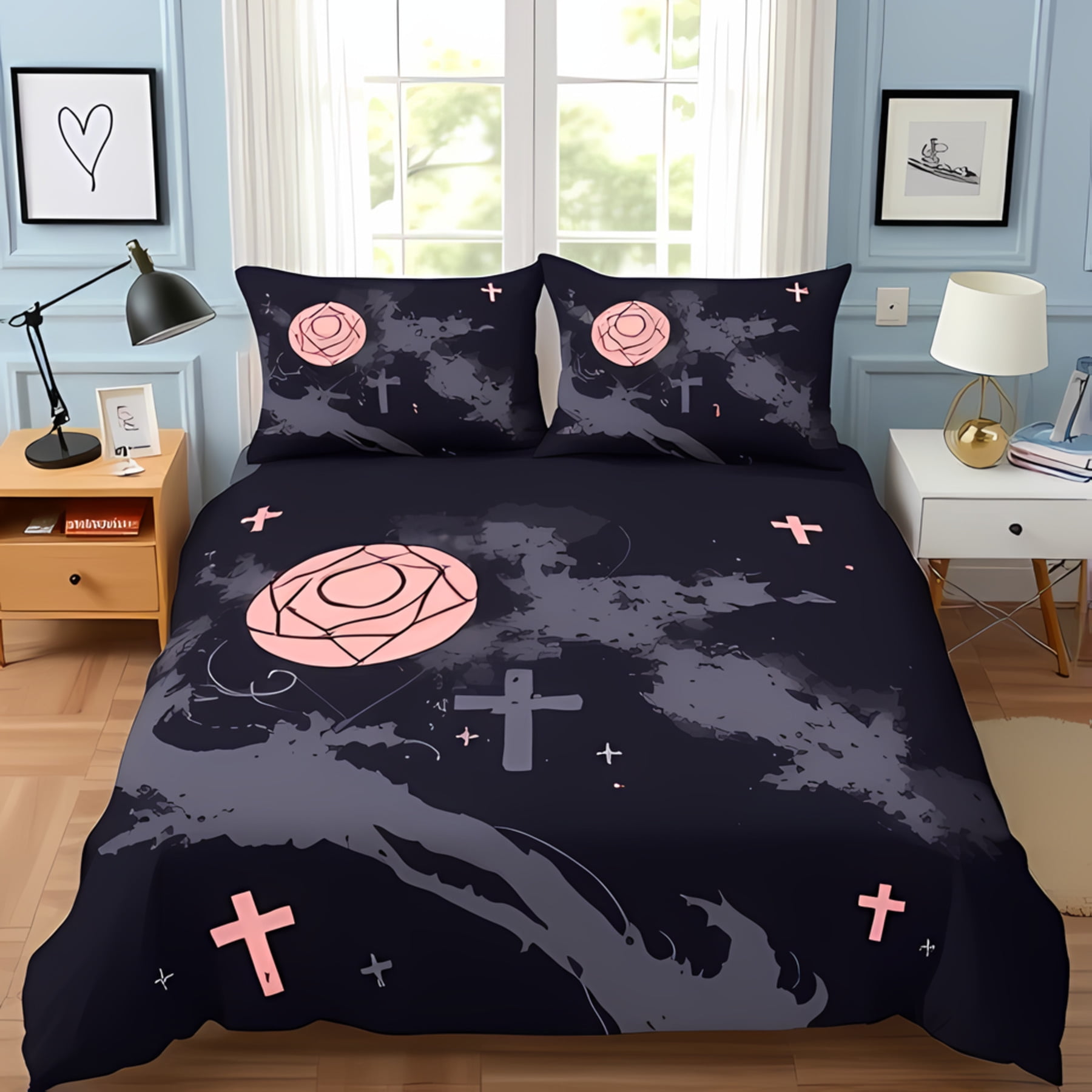3-Piece Gothic Romantic Duvet Cover Set with Pink Roses Elegant Dark ...