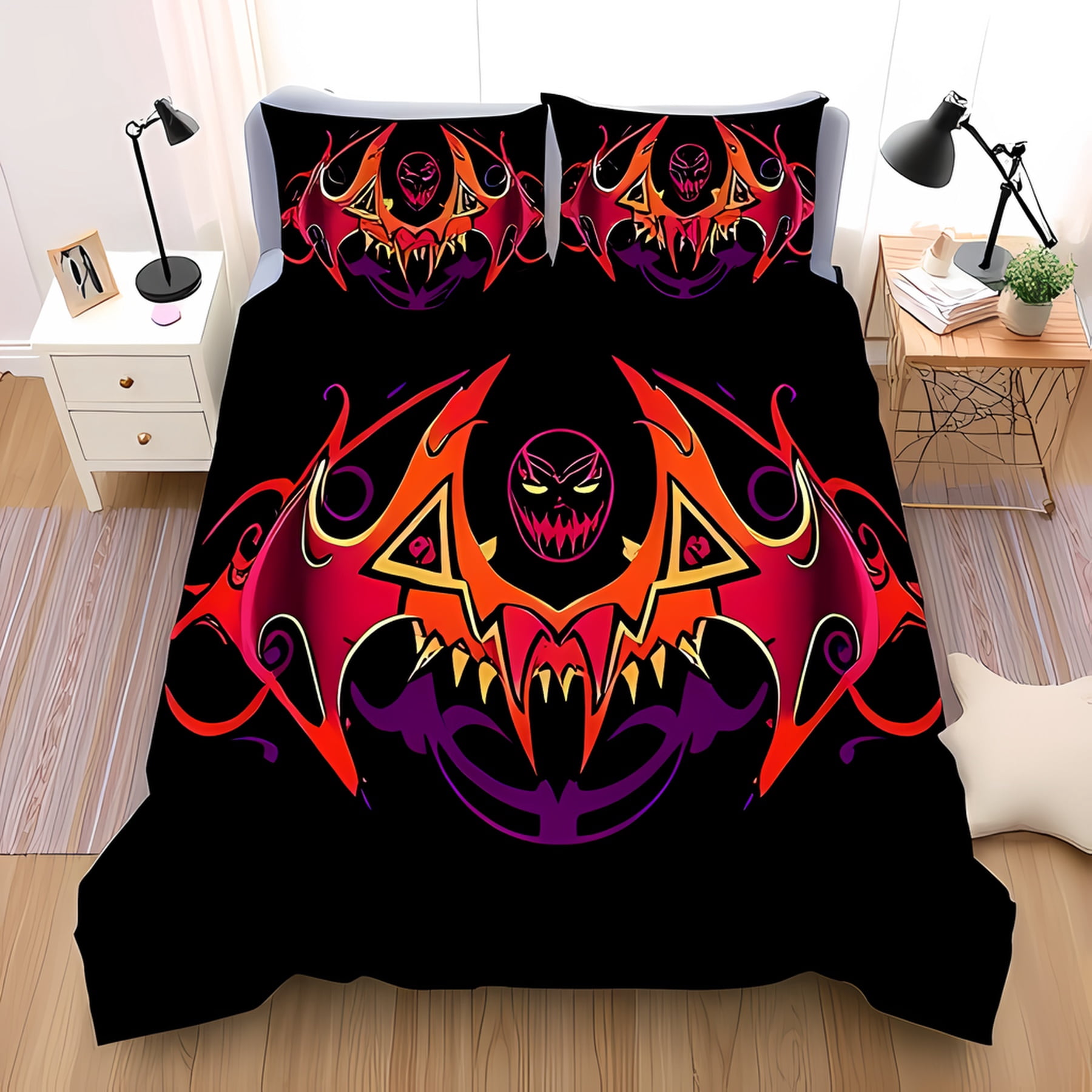 3-Piece Gothic & Tribal Wings Duvet Cover Set - Bold Orange & Red ...