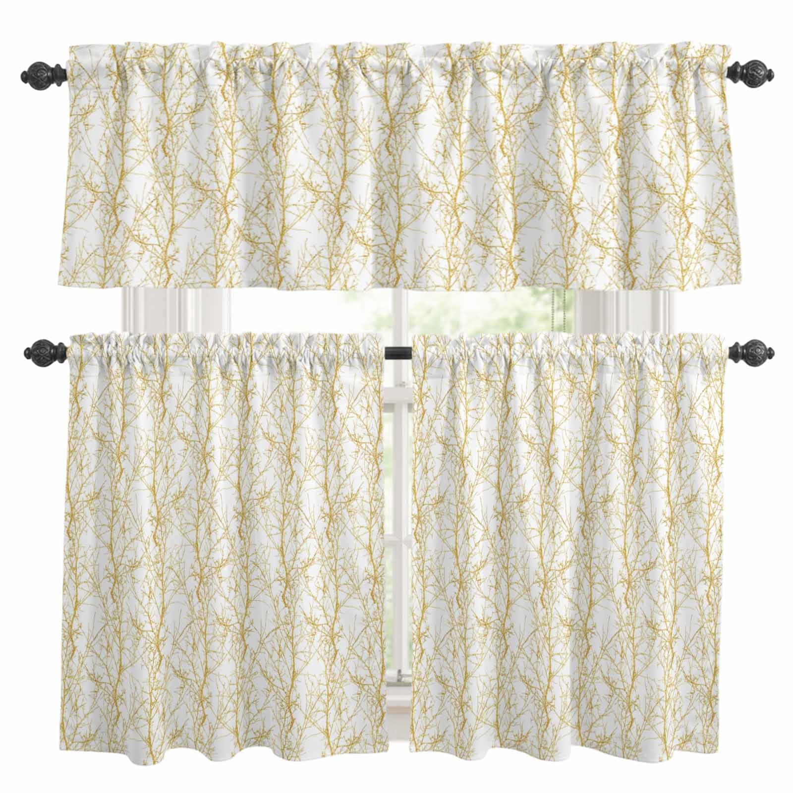 3 Piece Gradient Gold Kitchen Curtain Valance and Tiers Set Tree Branch ...