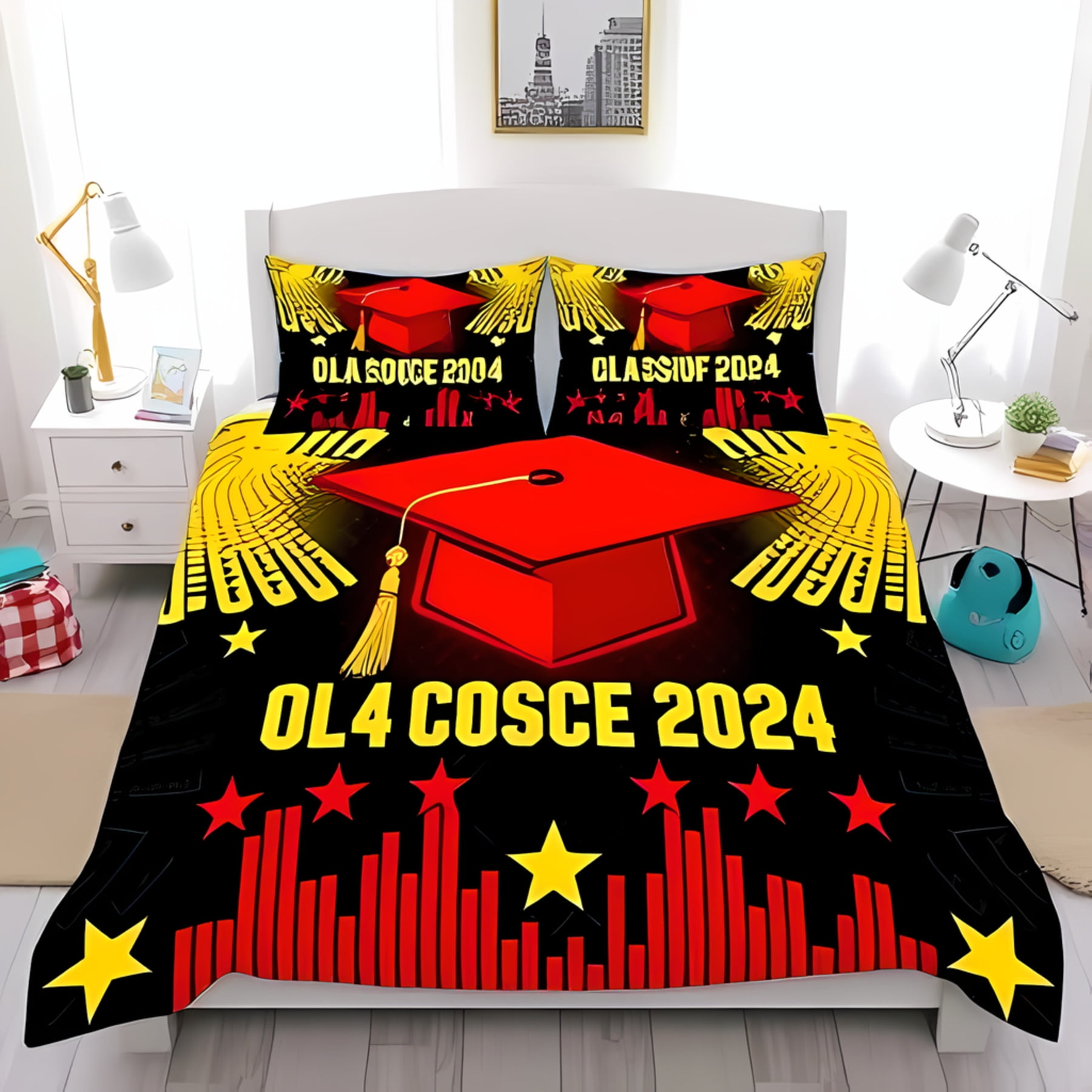 3-Piece Graduation Duvet Cover Set - Bold Black Background with Red ...
