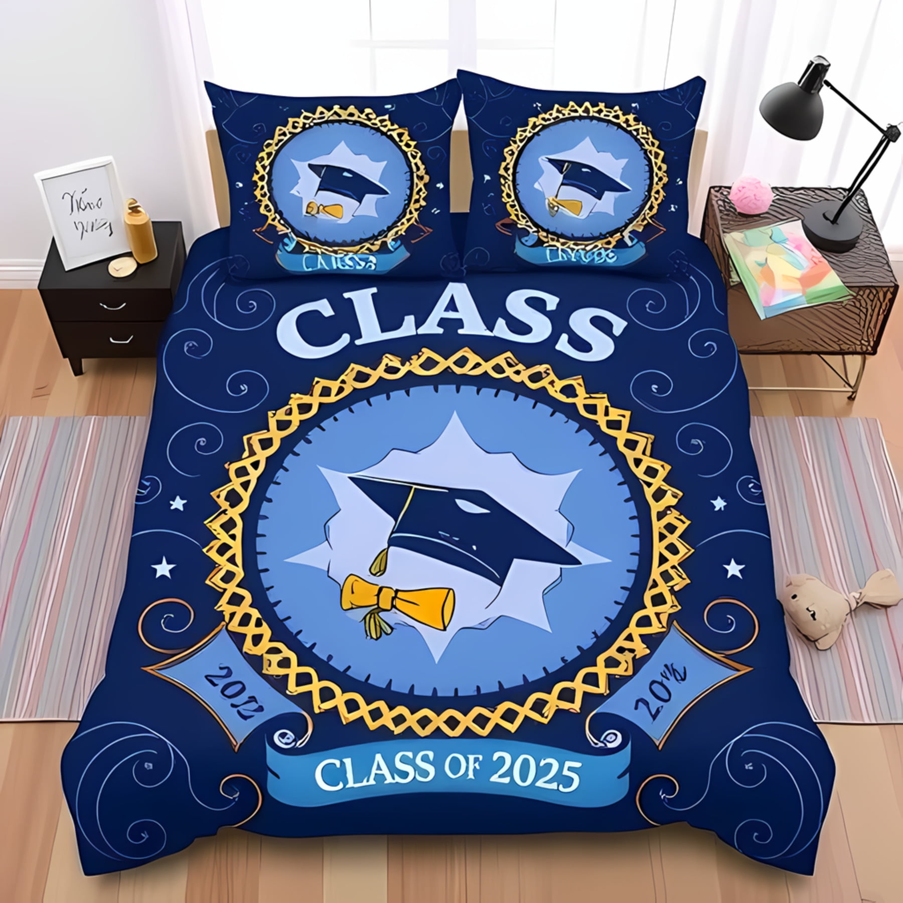 3-Piece Graduation Duvet Cover Set Diploma Design Blue Bedding for ...