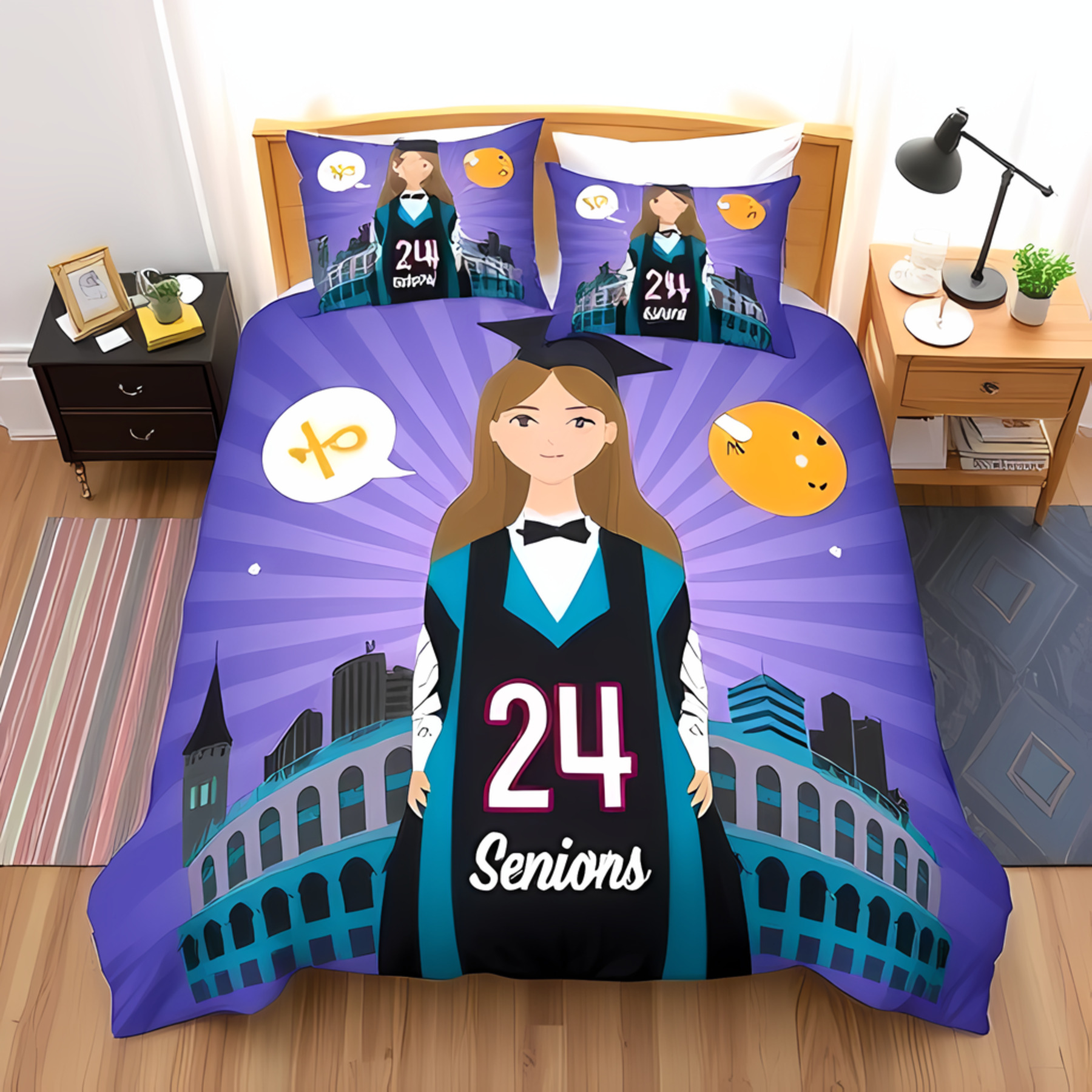 3-Piece Graduation & Gown Duvet Cover Set - Vibrant '24 Seniors' Design ...