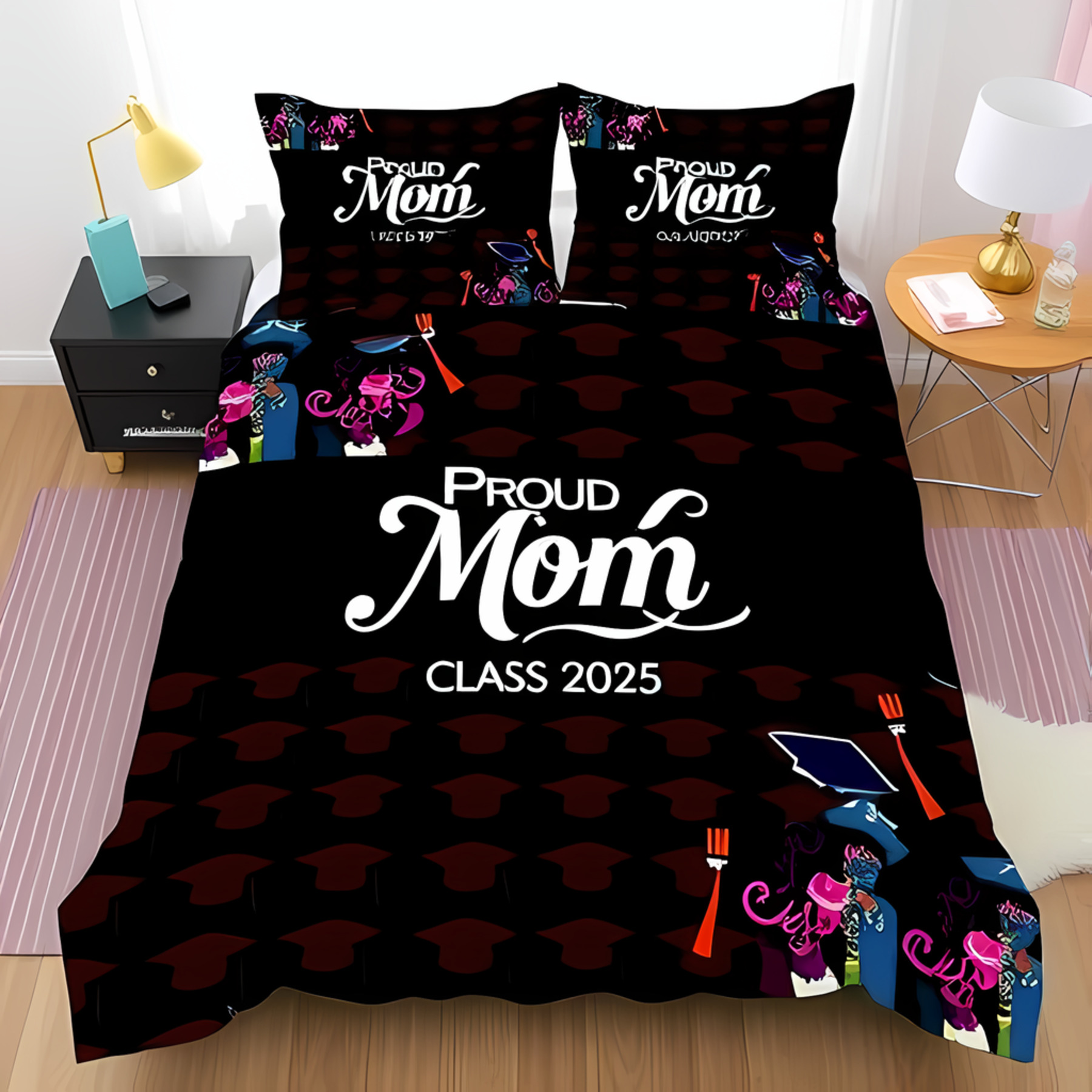 3-Piece Graduation Theme Duvet Cover Set - Black & Red Bedding with ...