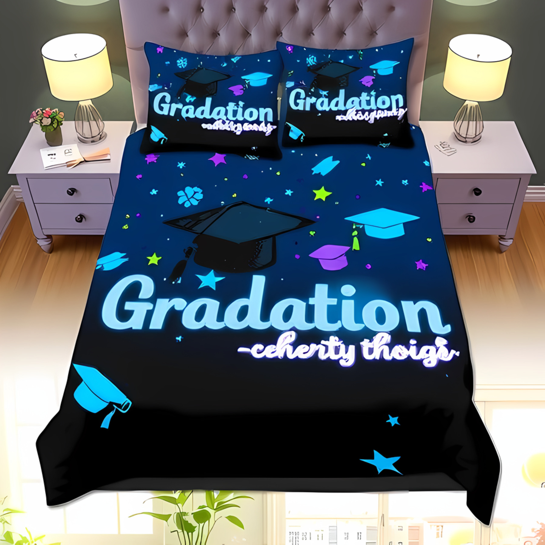 3-Piece Graduation Themed Duvet Cover Set - Dark Blue with Colorful ...