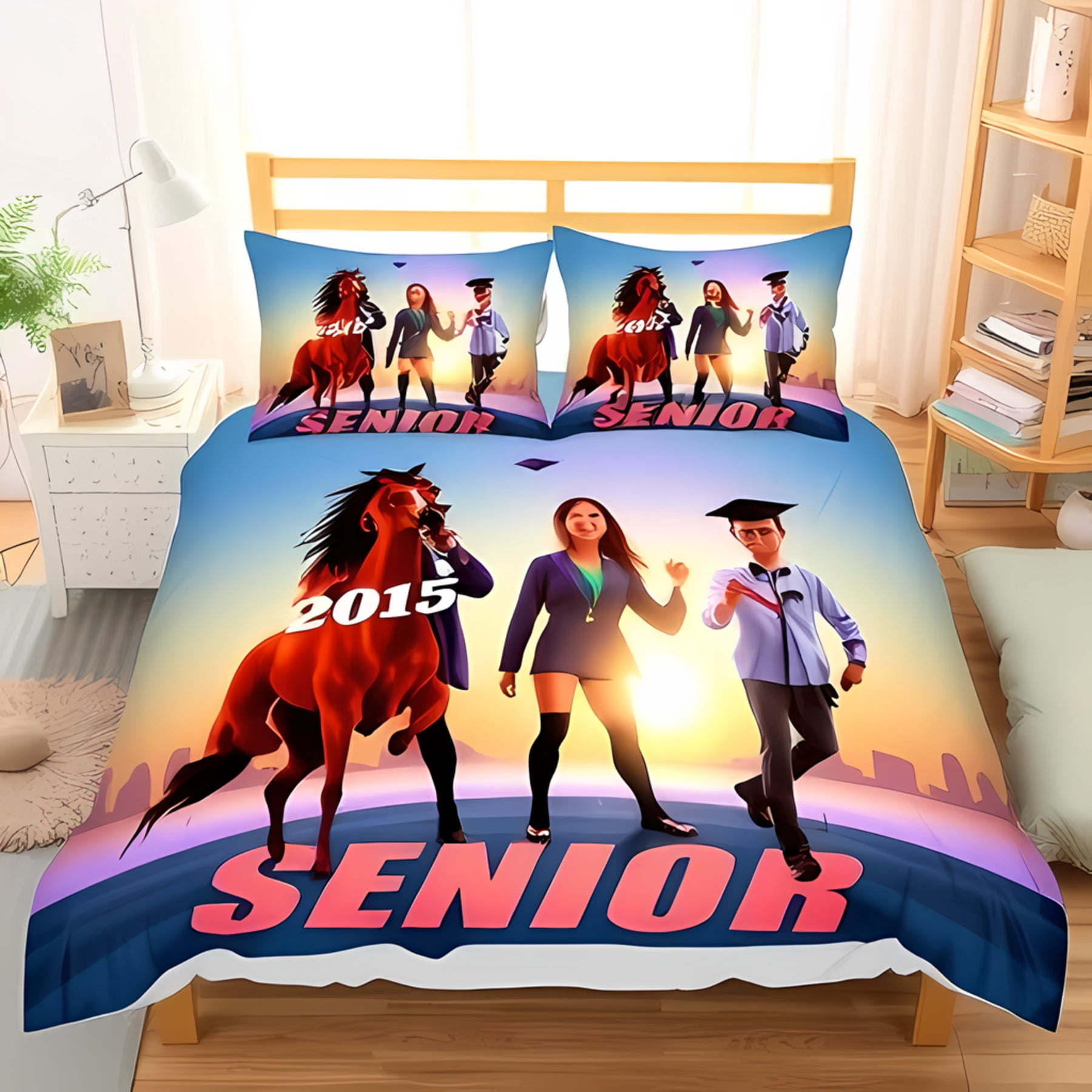 3-Piece Graduation Themed Duvet Cover Set Gown Horse and Friends Design ...