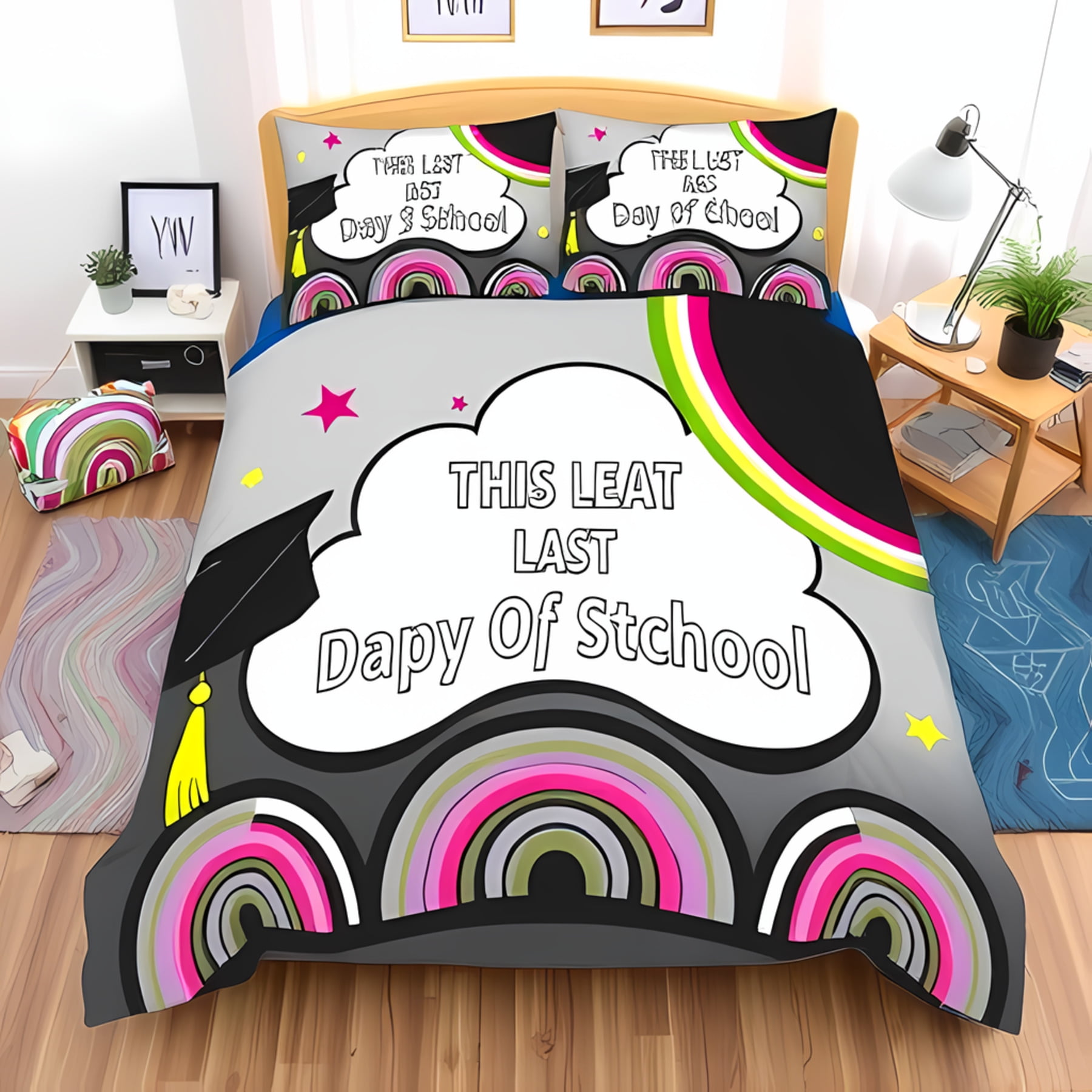 3-Piece Graduation Themed Duvet Cover Set with Oversized Cloud Rainbow ...