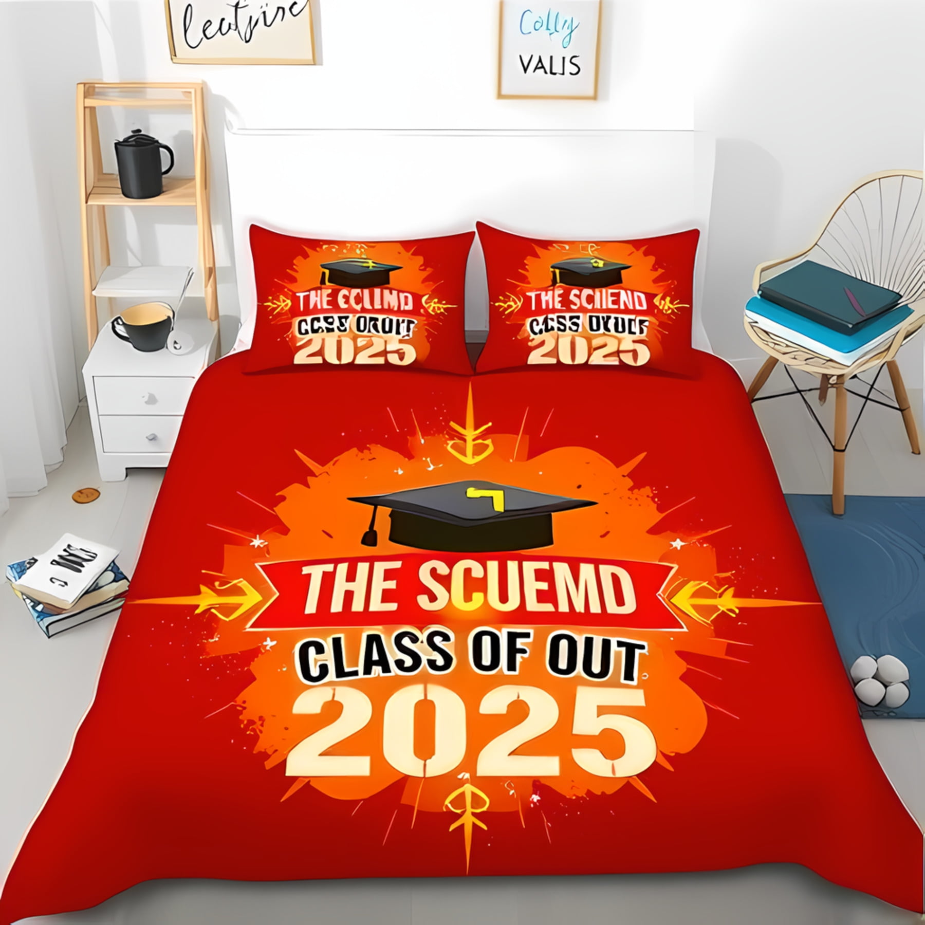 3-Piece Graduation-Themed Duvet Cover Set with Red Bedding Featuring ...