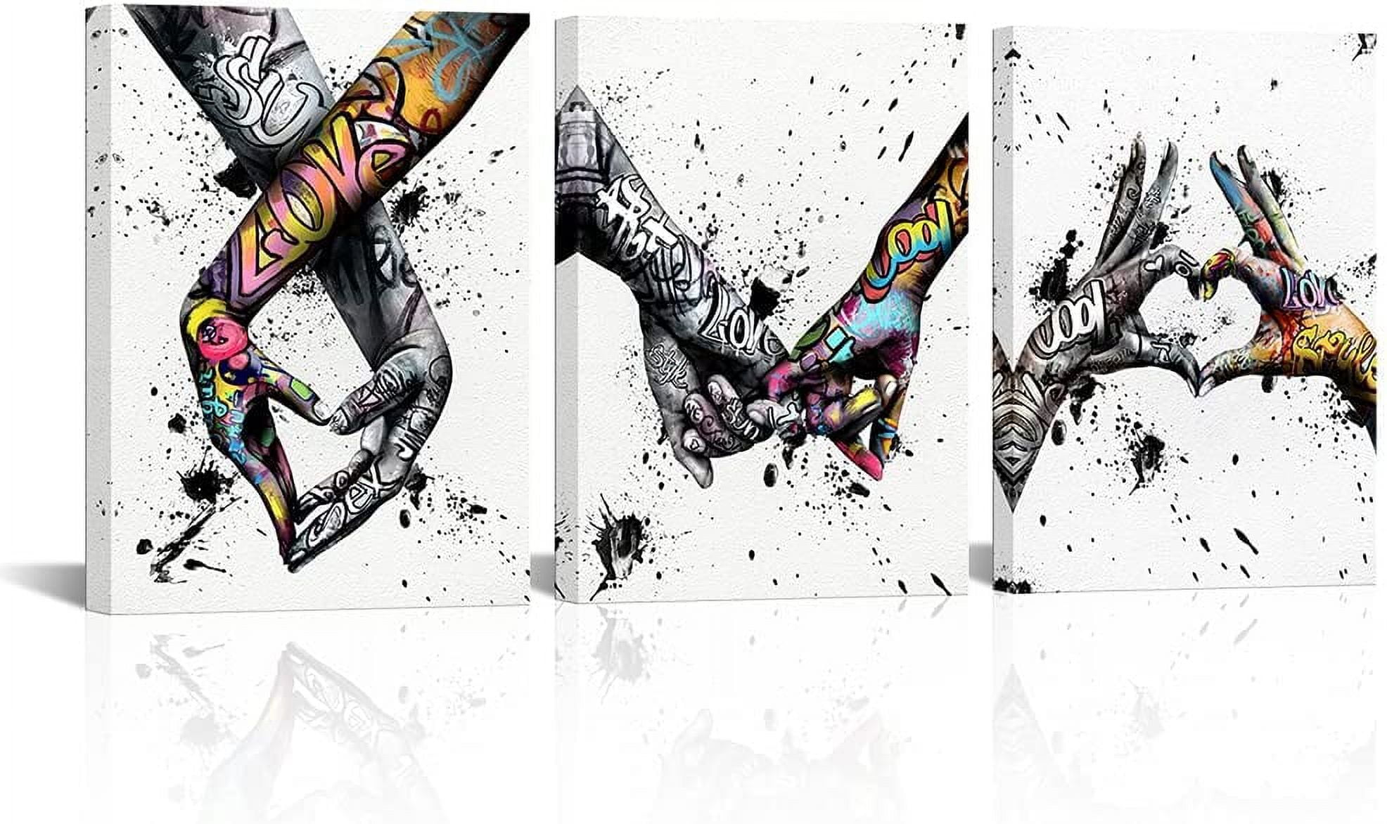 3 Piece Graffiti Paintings Canvas Wall Art Promise Holding Hands Pop ...