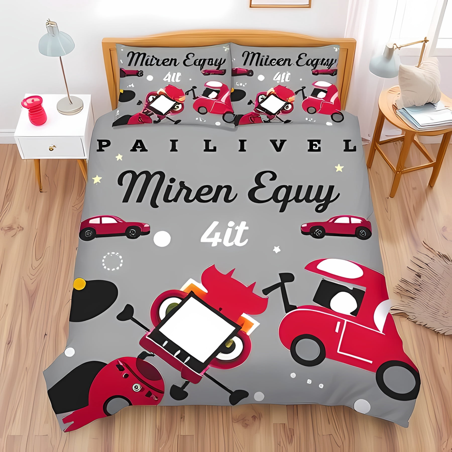 3-Piece Gray Duvet Cover & Pillowcase Set Red Cars Robots Personalized ...