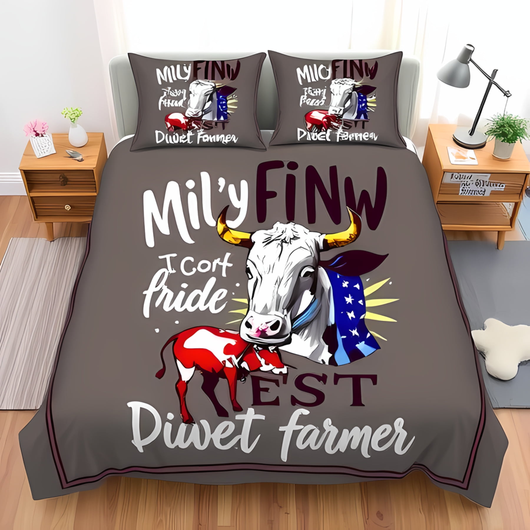 3-Piece Gray Duvet Cover Set with Whimsical Cow & Calf Boxing Match ...