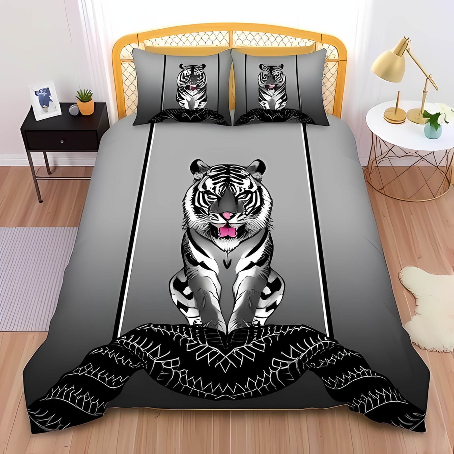 3-Piece Gray Duvet Cover Set with White Tiger Design & Matching ...