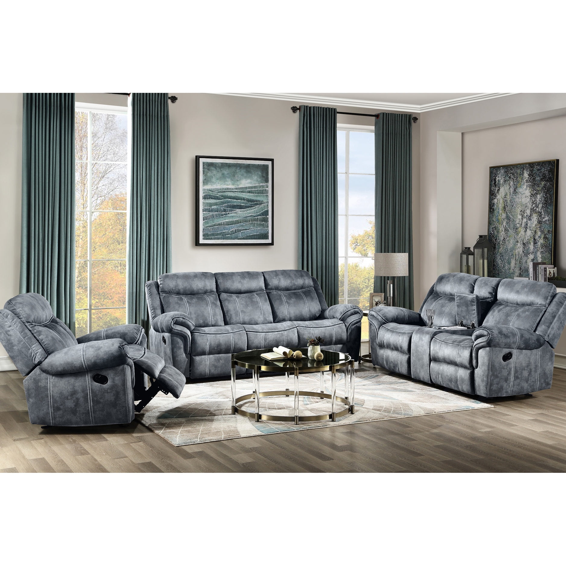 3 - Piece Gray Velvet Recliner Set for Living Room | Smart Function ...