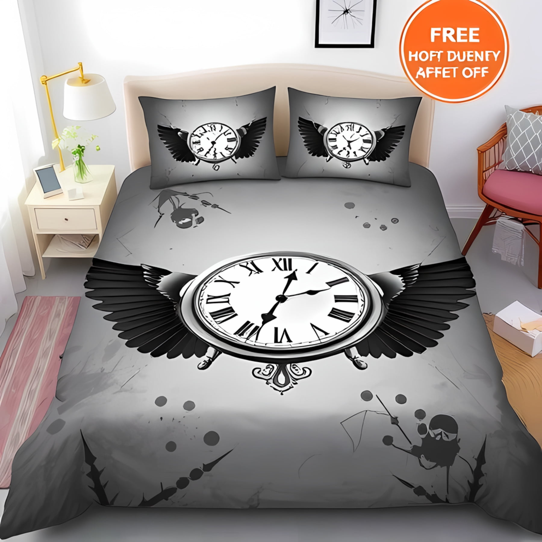 3-Piece Grayscale Duvet Cover Set with Ornate Clock & Wings Design ...