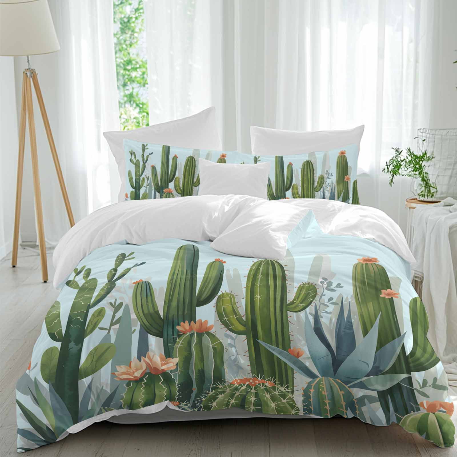 3 Piece Green Cactus Duvet Cover Set Full Size, Microfiber Comforter ...