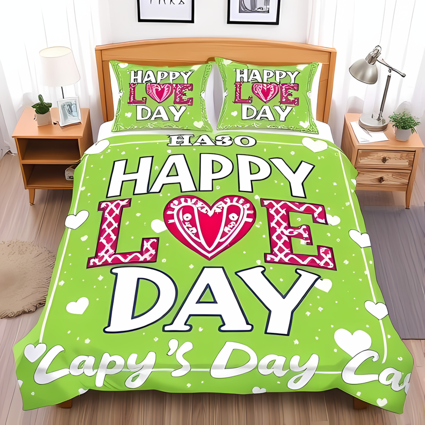 3-Piece Green Duvet Cover Set with " HAPPY LOVE DAY " Text Hearts ...