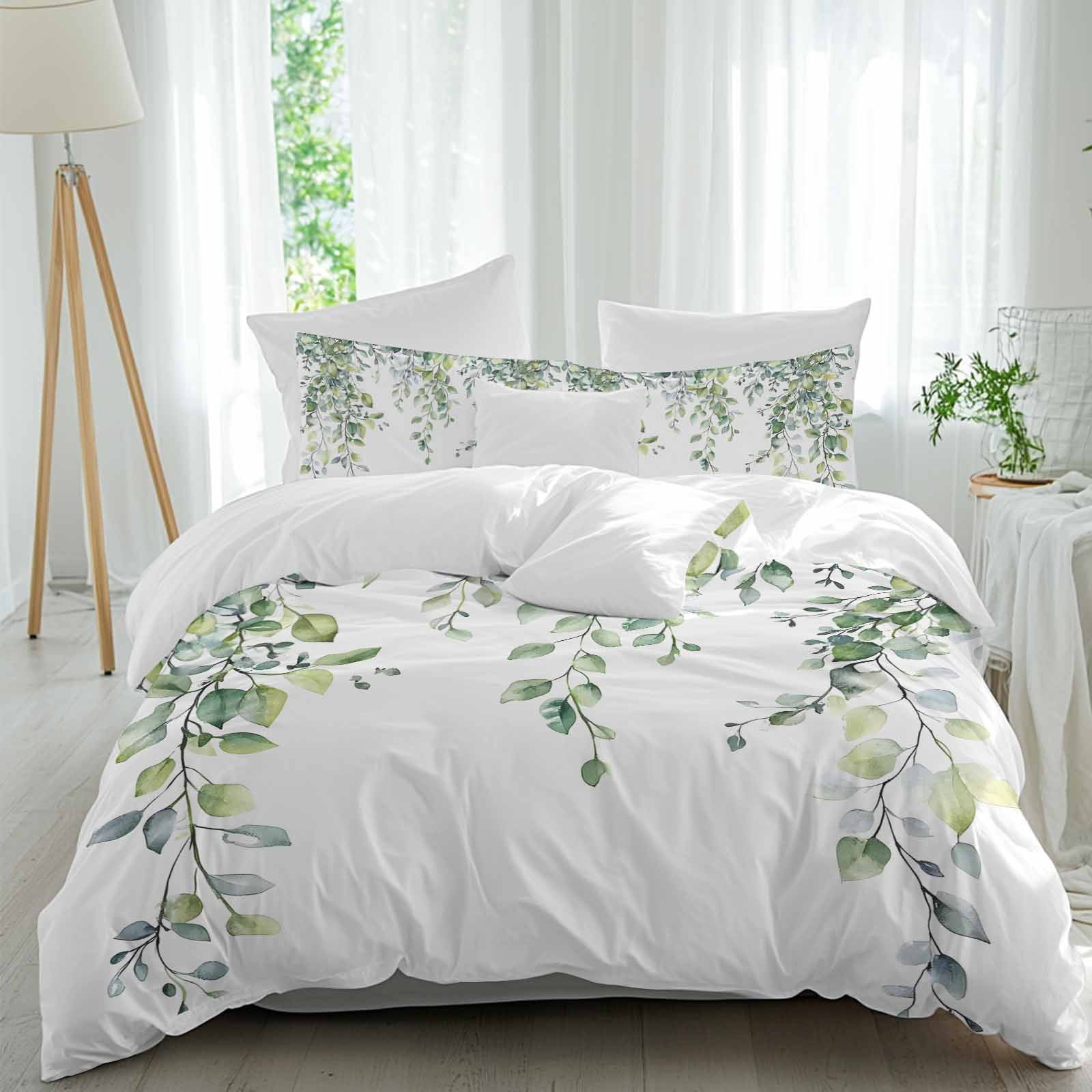 3 Piece Green Eucalyptus Leaf Duvet Cover Set Full Size,Microfiber ...