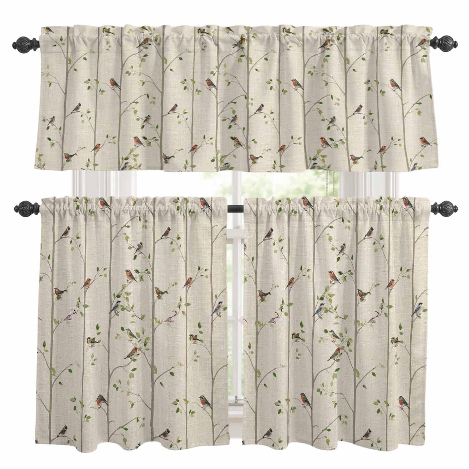 3 Piece Green Leaf Kitchen Curtain Valance and Tiers Set Vintage Spring ...