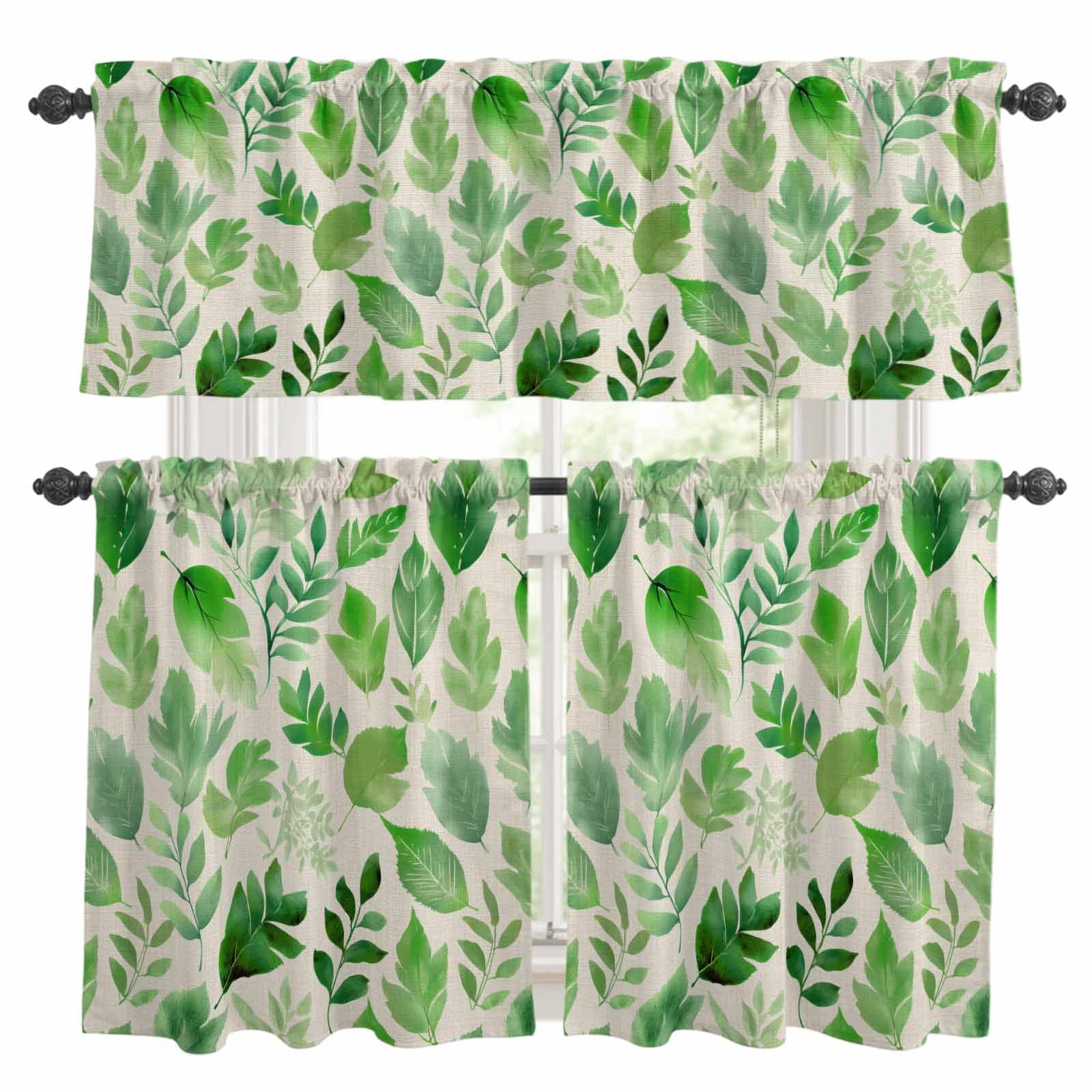 3 Piece Green Leaf Kitchen Curtain Valance and Tiers Set Watercolors ...