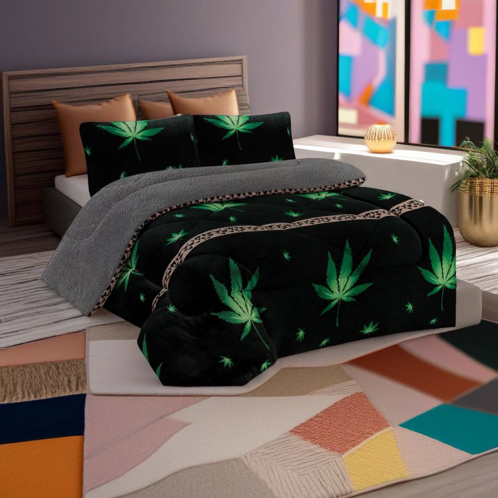 3-Piece Green Marijuana Leaf Design Comforter Set with Herb, Mary Jane ...