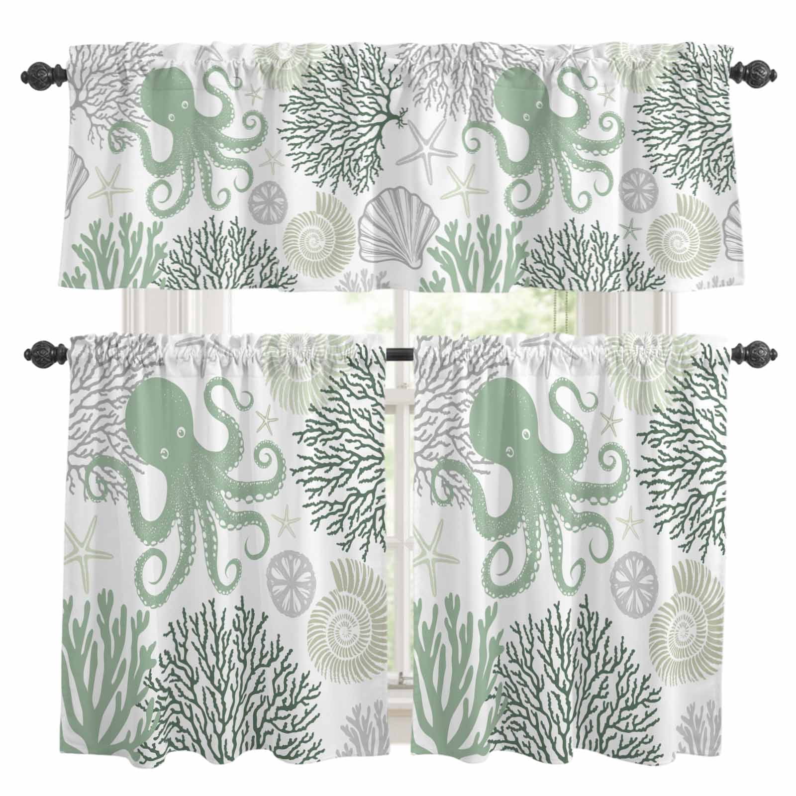 3 Piece Green Octopus Kitchen Curtain Valance and Tiers Set Coral Shell ...