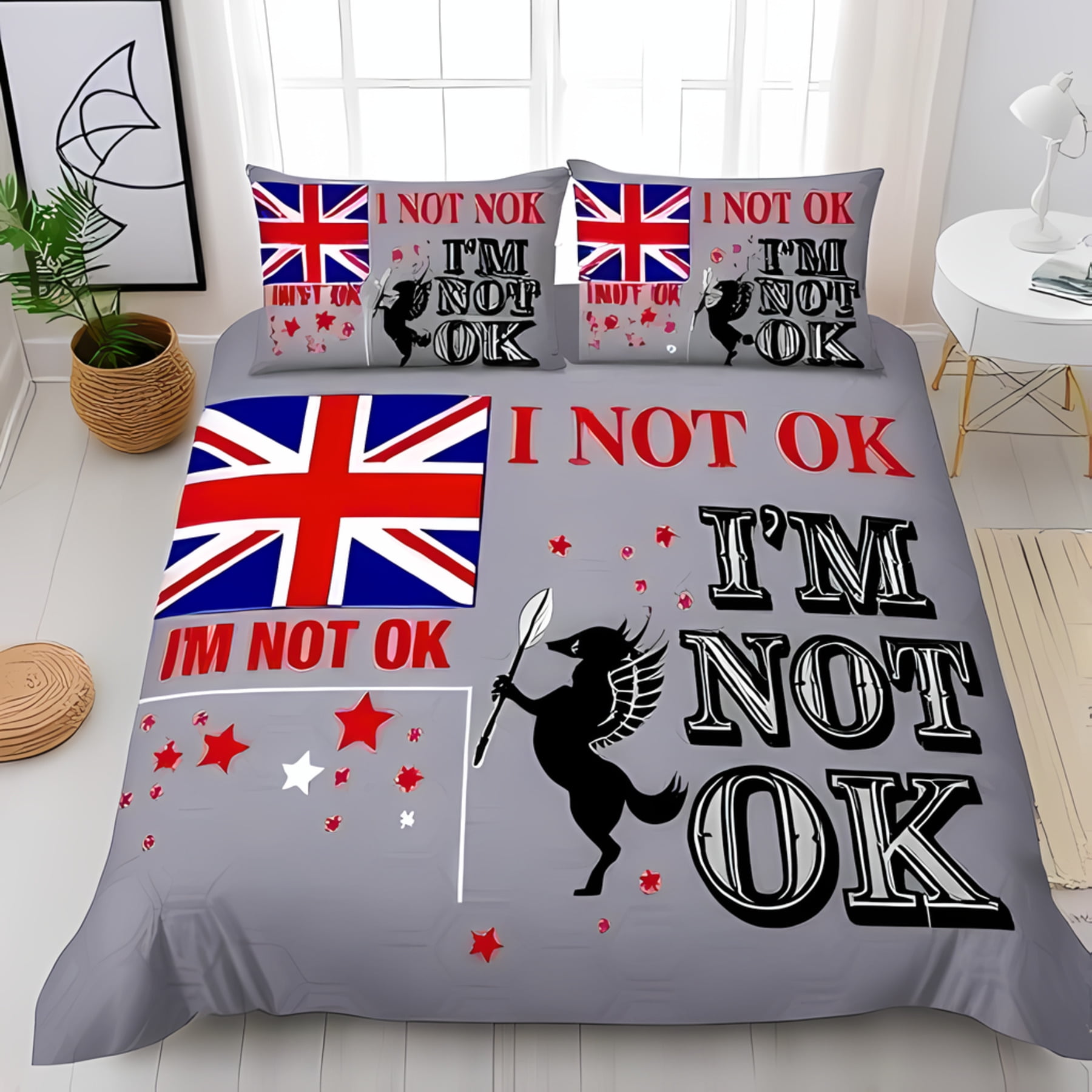 3-Piece Grey Duvet Cover Set with Design & " I'm Not OK " Phrase ...