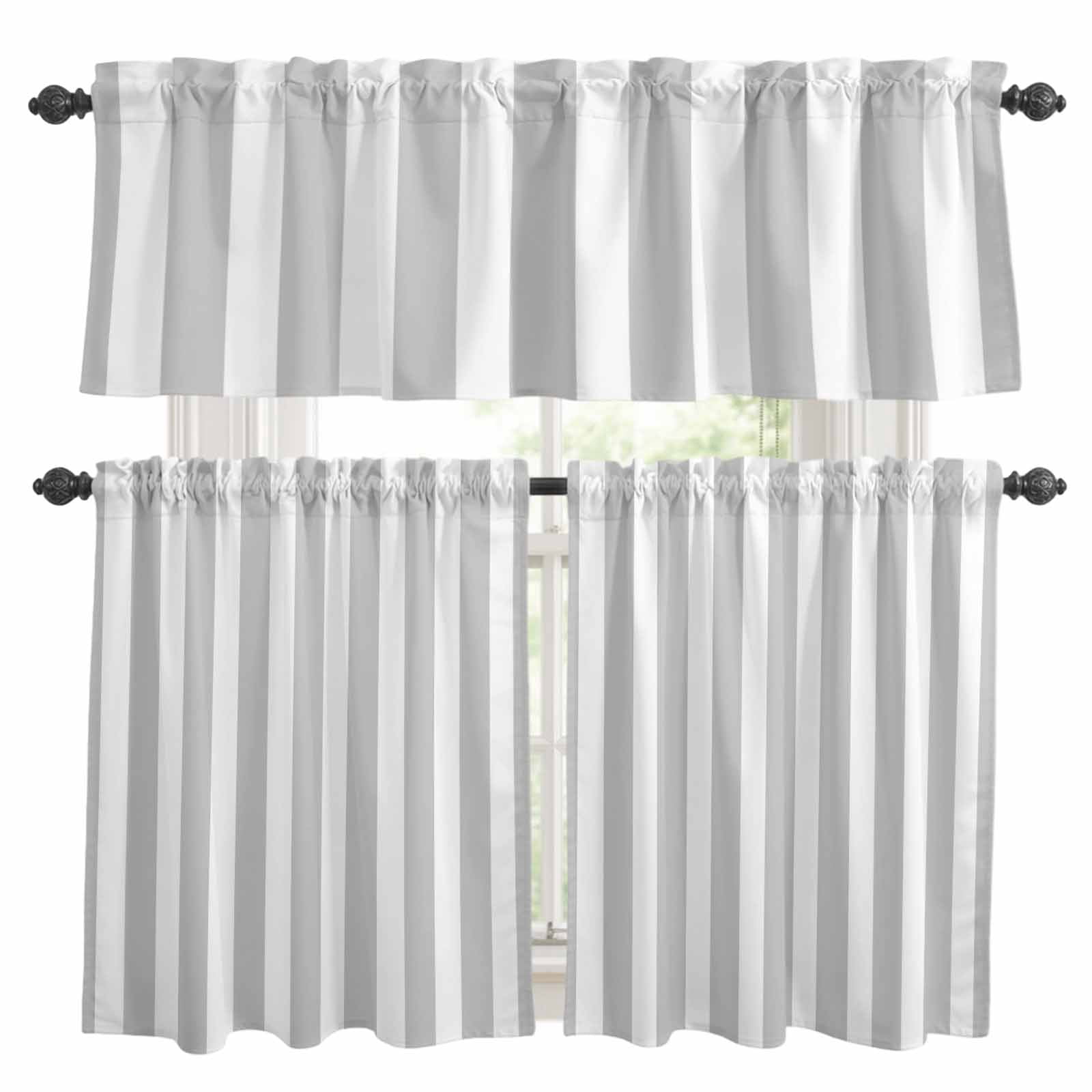 3 Piece Grey and Kitchen Curtain Valance and Tiers Set White Striped ...