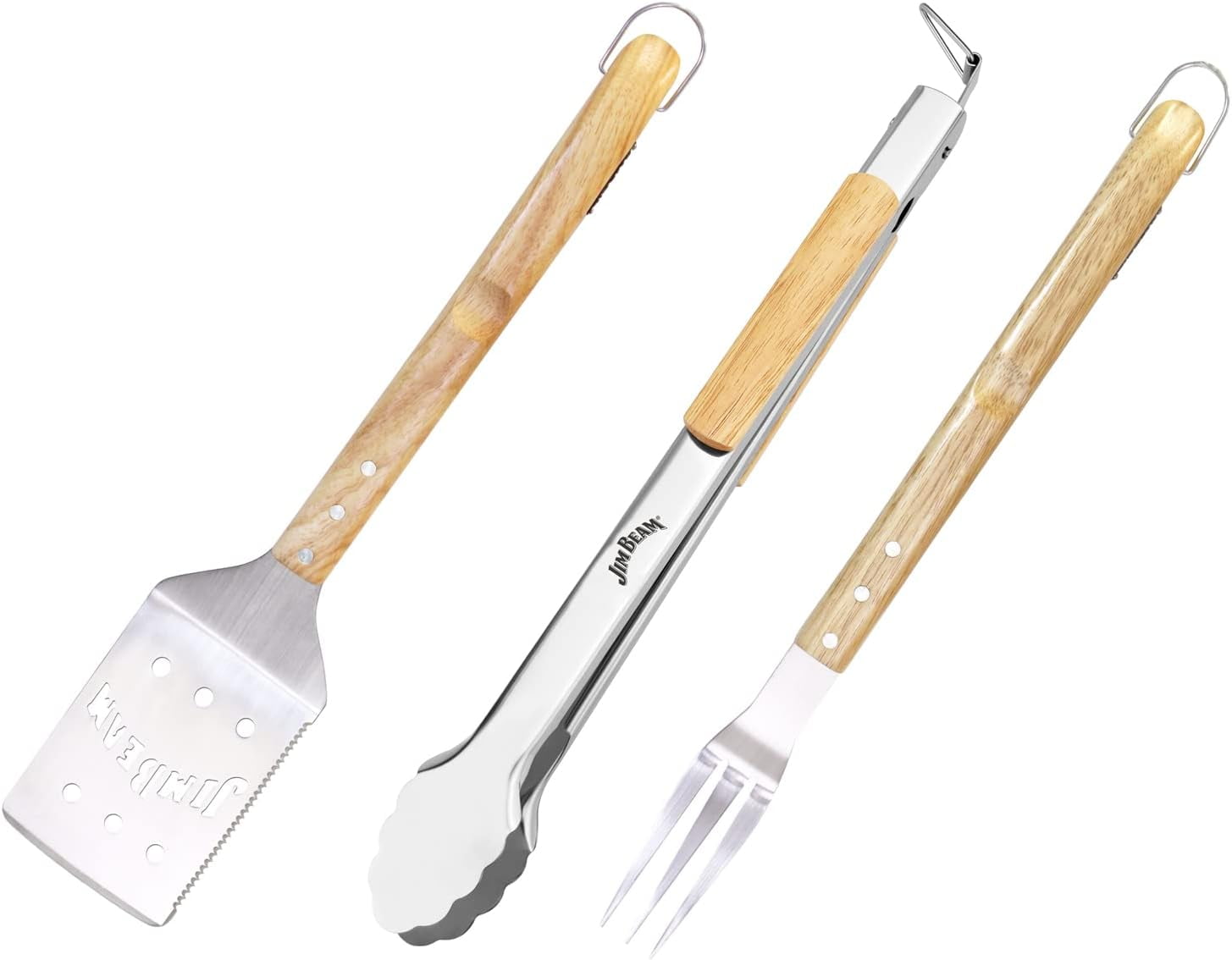 3-Piece Grilling Barbecue Tool Set with Wooden Handles Includes ...